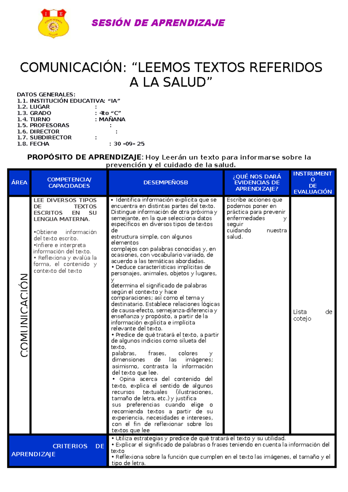 SESION DE APRENDIZAJE: CUIDADO DE LA SALUD EN 4TO GRADO - Studocu