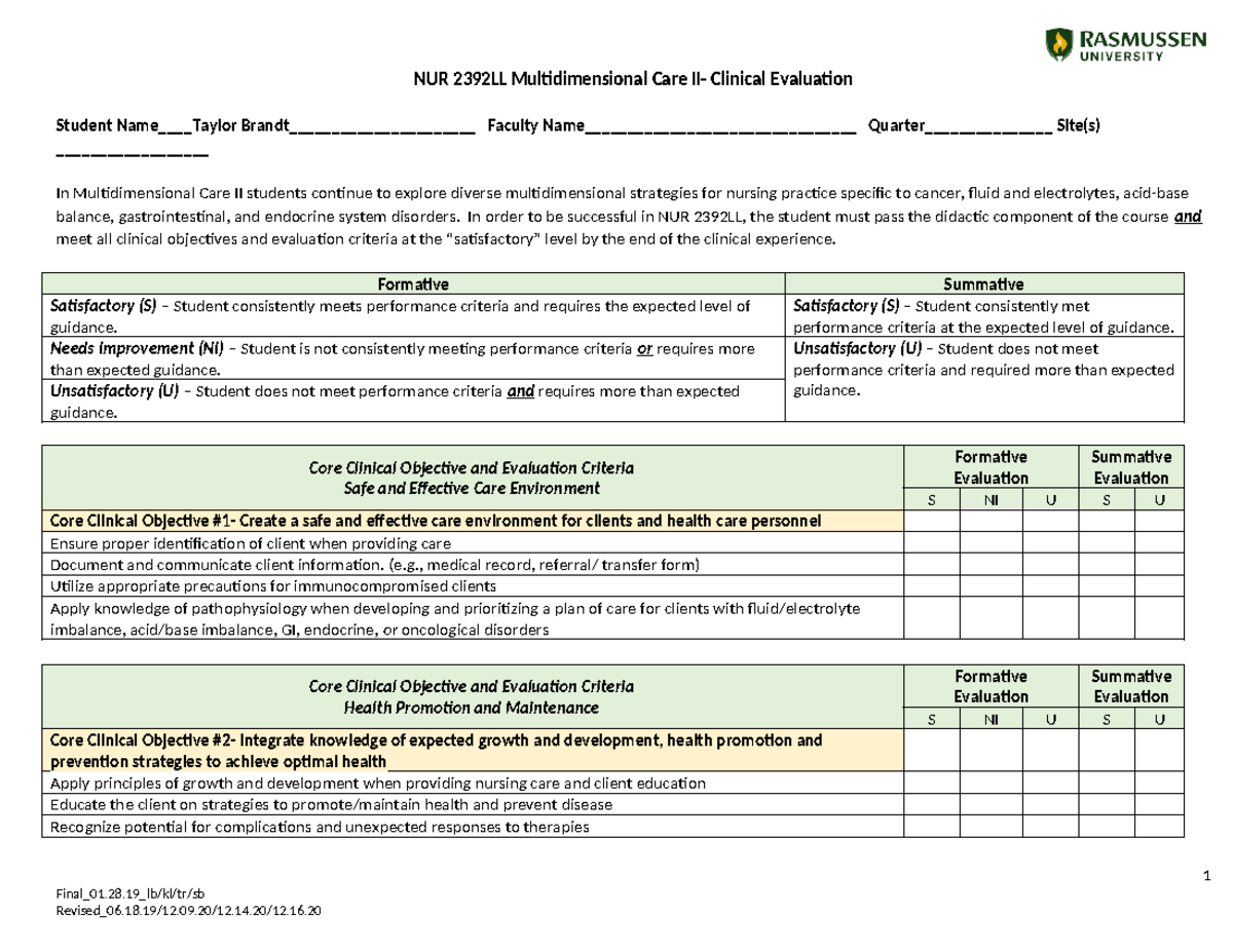 NUR 2392LL Multidimensional Care Clinical Evaluation Guide - Studocu
