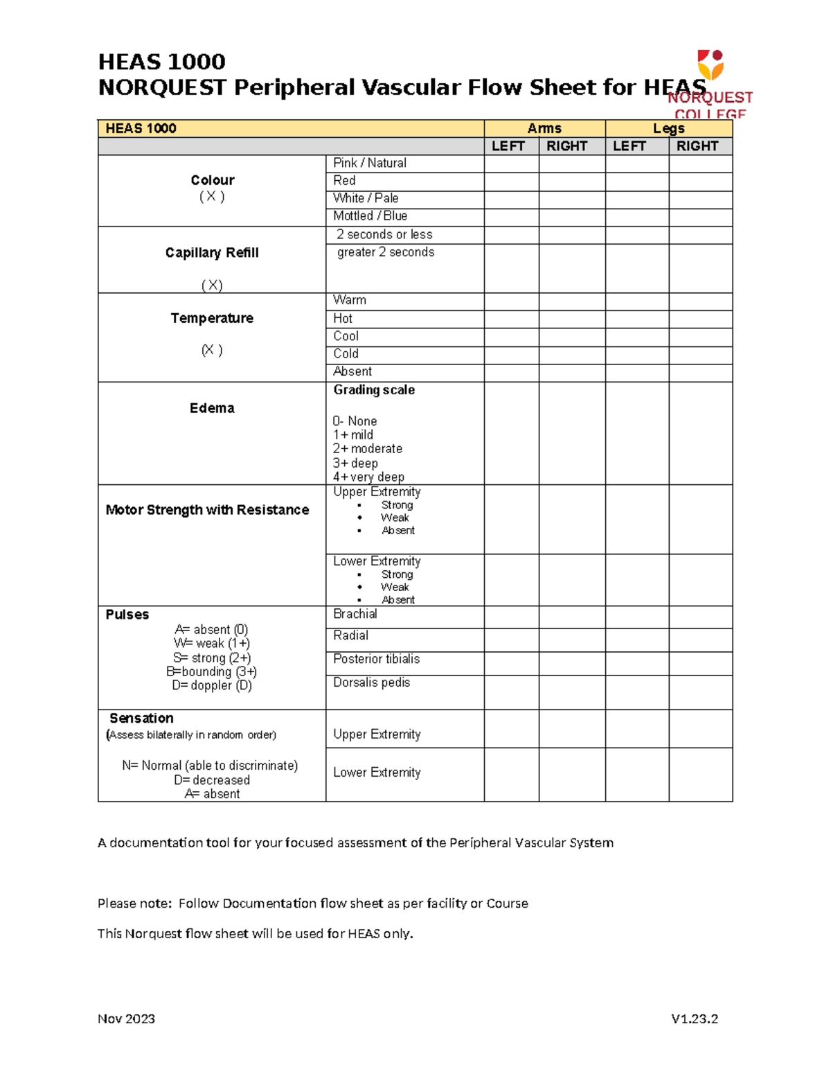 HEAS 1000 Peripheral Vascular Flow Sheet V1 - HEAS 1000 NORQUEST ...