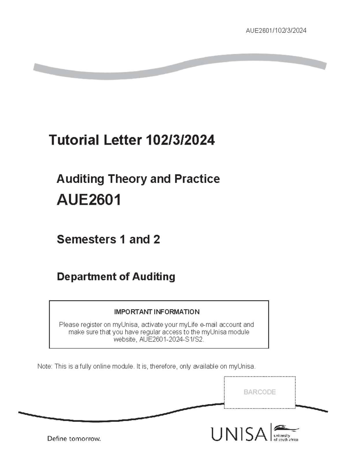 AUE2601 Tutorial Letter: Auditing Theory & Practice 2024 - Studocu