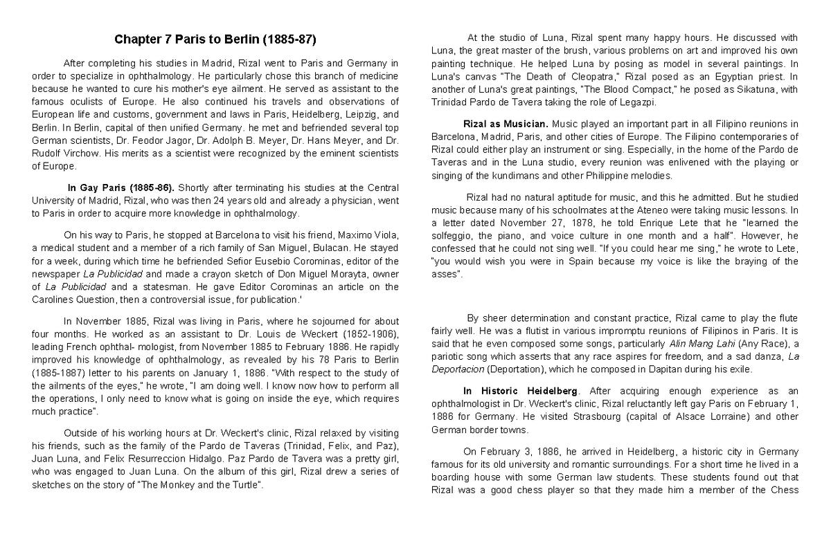 Chapter 7: Rizal's Journey from Paris to Berlin (1885-1887) - Studocu