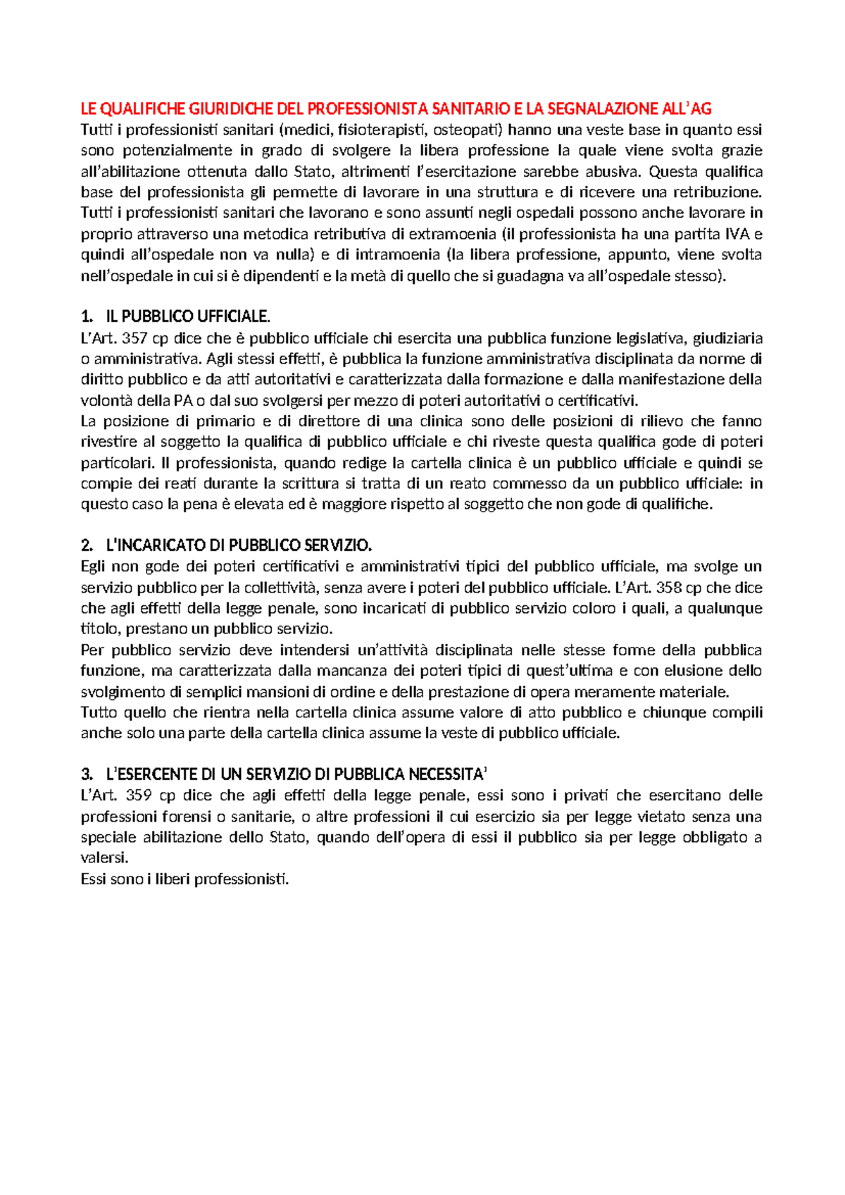Qualifiche Giuridiche dei Professionisti Sanitari e Segnalazione - Studocu