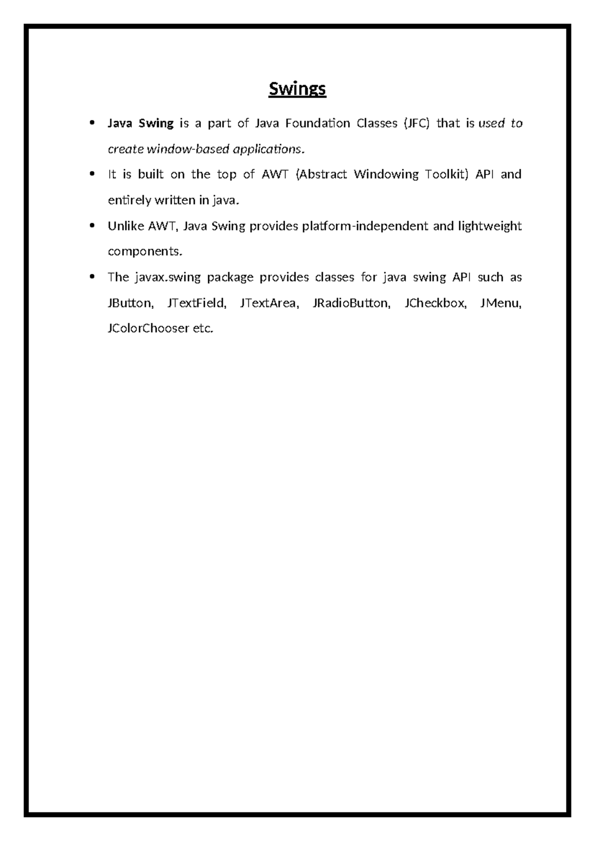 Unit 4 - 2: Understanding Java Swing and Its Components - Studocu