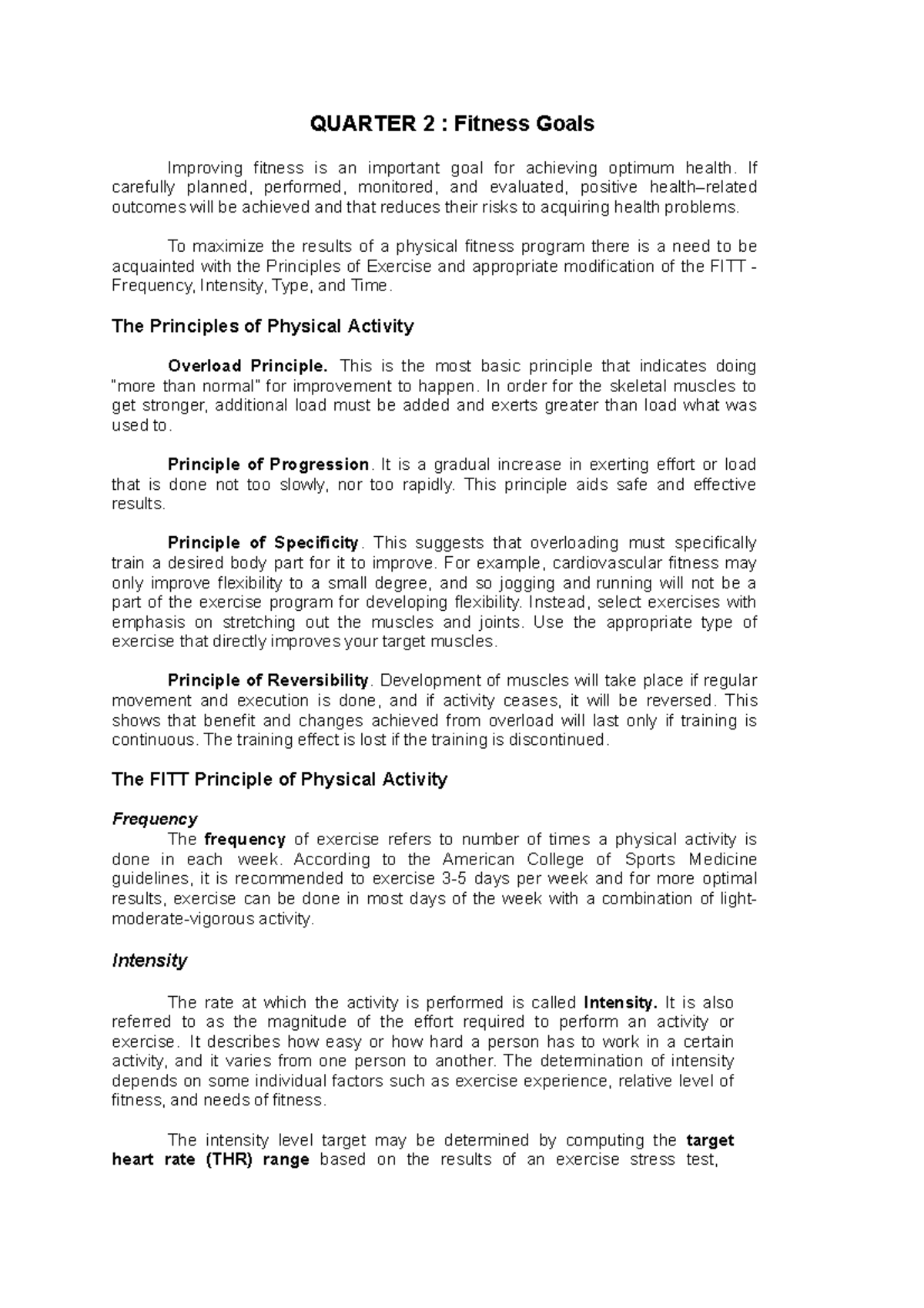 Hope 1: 2nd Quarter Fitness Goals Reviewer for Optimal Health - Studocu