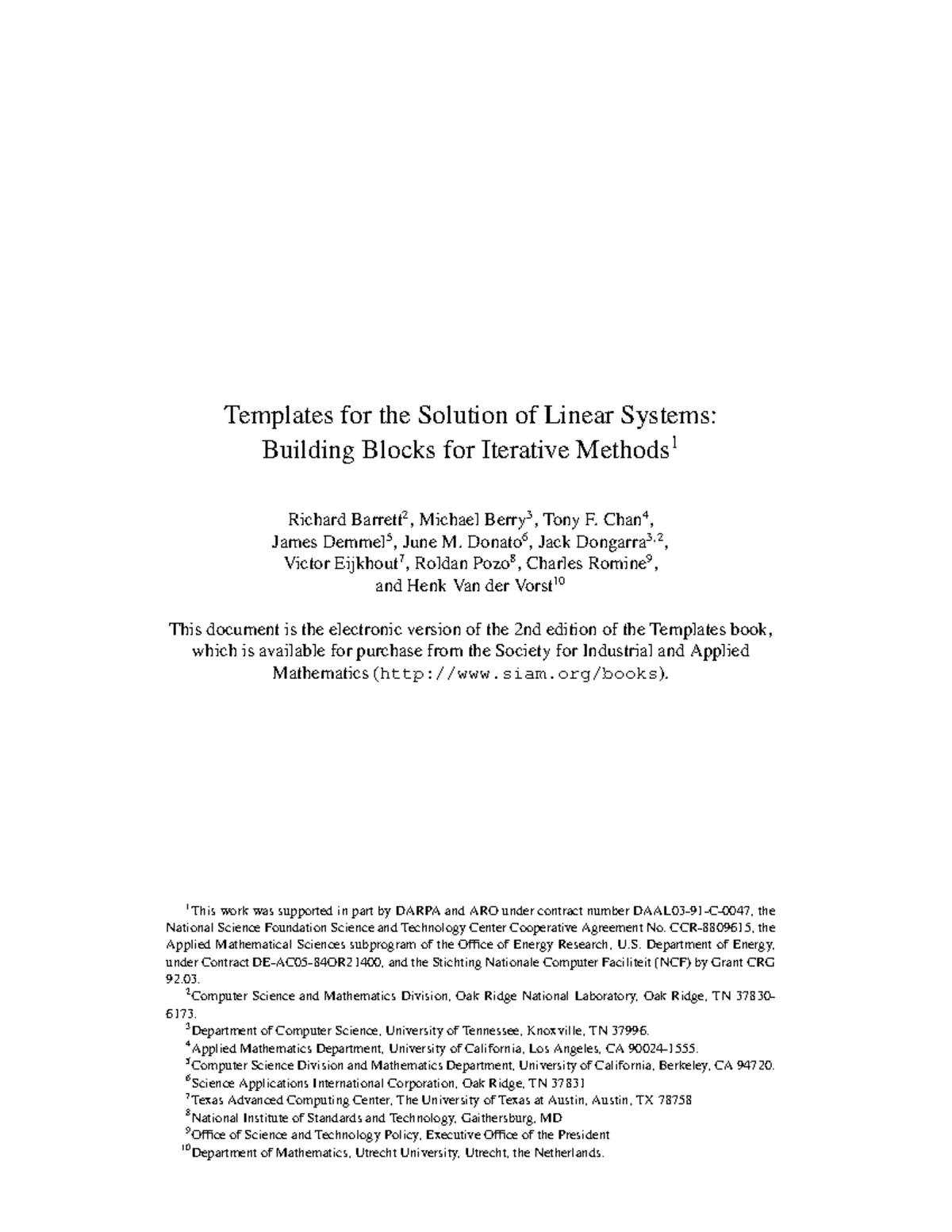Iterative Methods for Linear Systems: Templates and Techniques (CS 101 ...