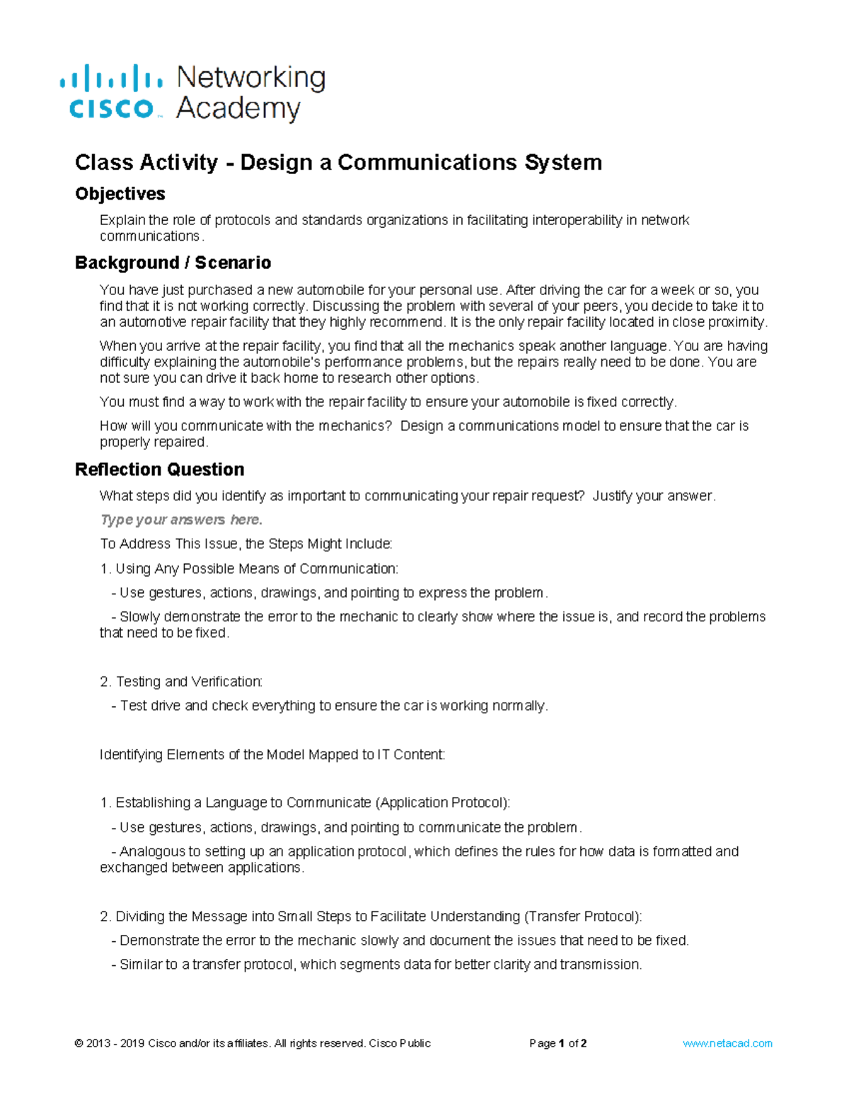 3.0.3 Class Activity - Designing a Communication Model for Repairs ...