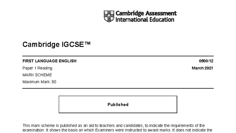 Cambridge IGCSE FIRST LANGUAGE ENGLISH Paper 1 Reading Mark Scheme ...