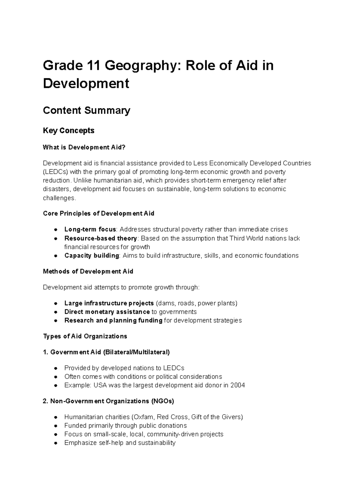 Gr11 Geography: The Role of Aid in Development Overview - Studocu