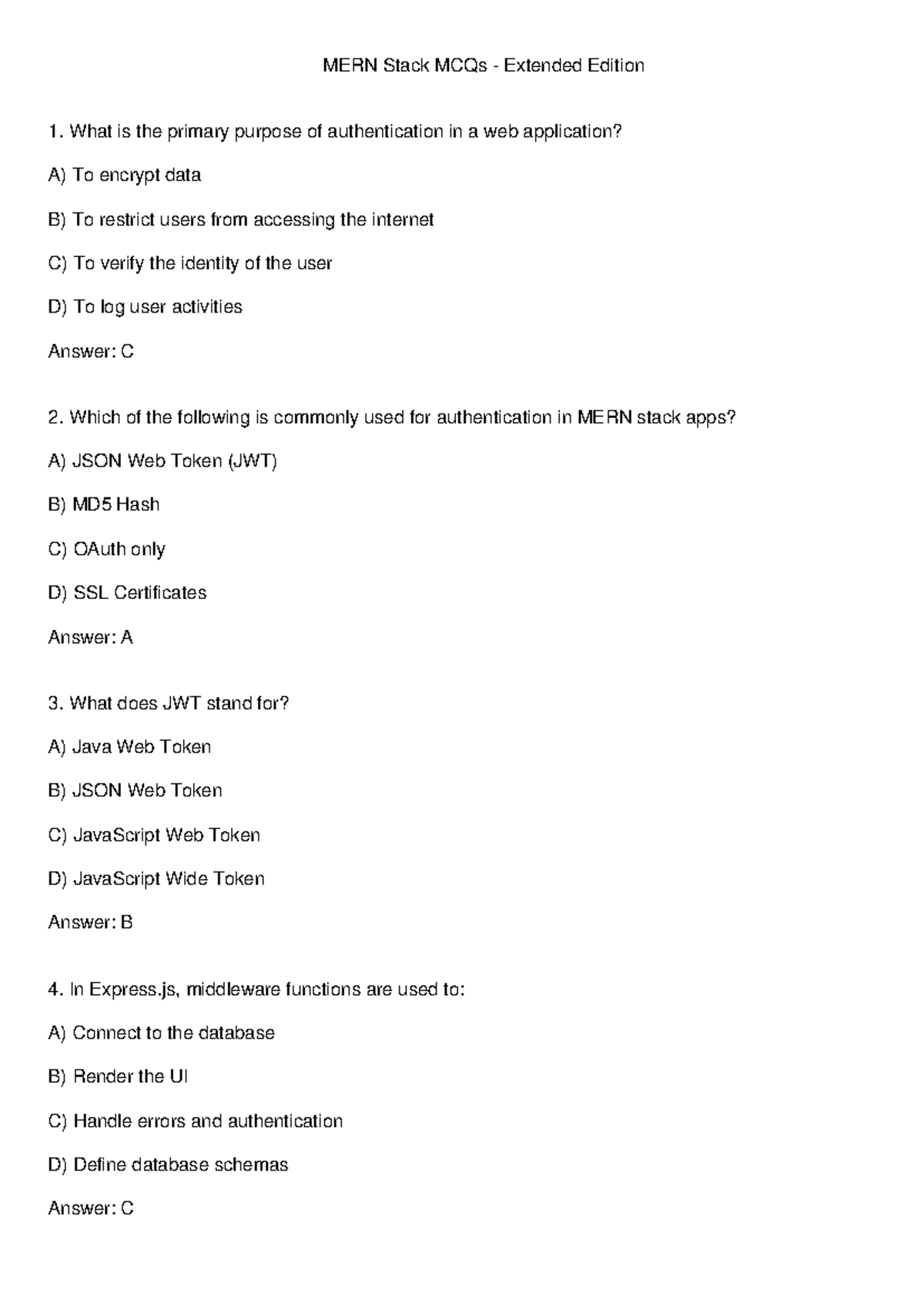 MERN Stack MCQs Extended Edition: Authentication & More - Studocu