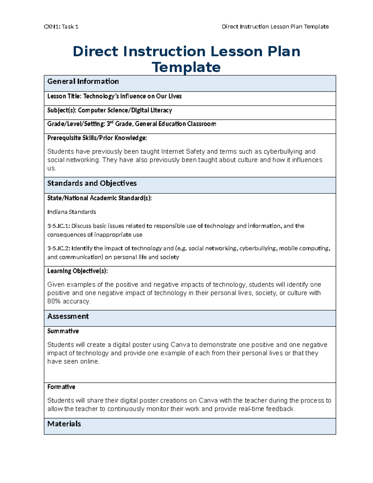 CXN1: Task 1 Direct Instruction Lesson Plan on Technology's Impact ...