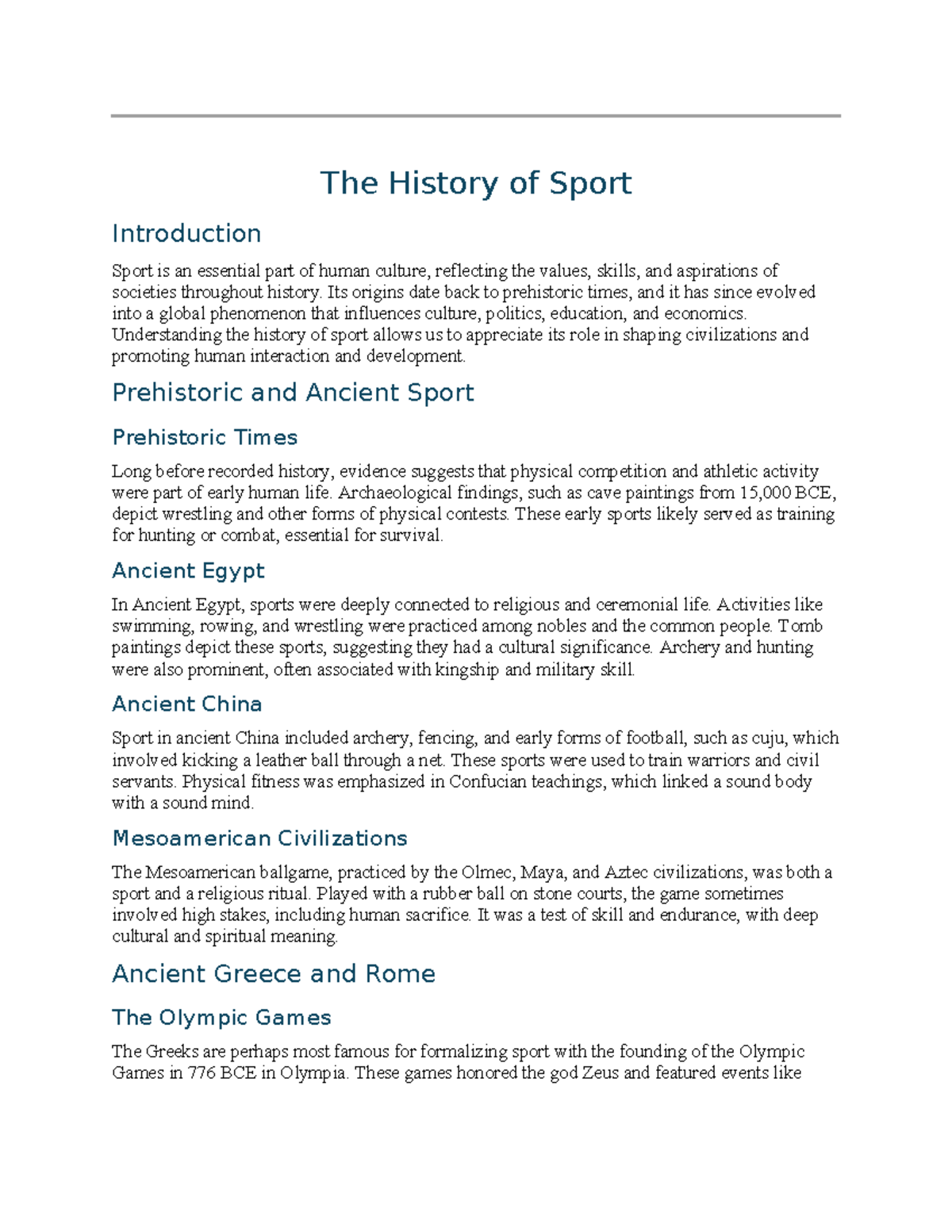 The History of Sport - The History of Sport Introduction Sport is an ...