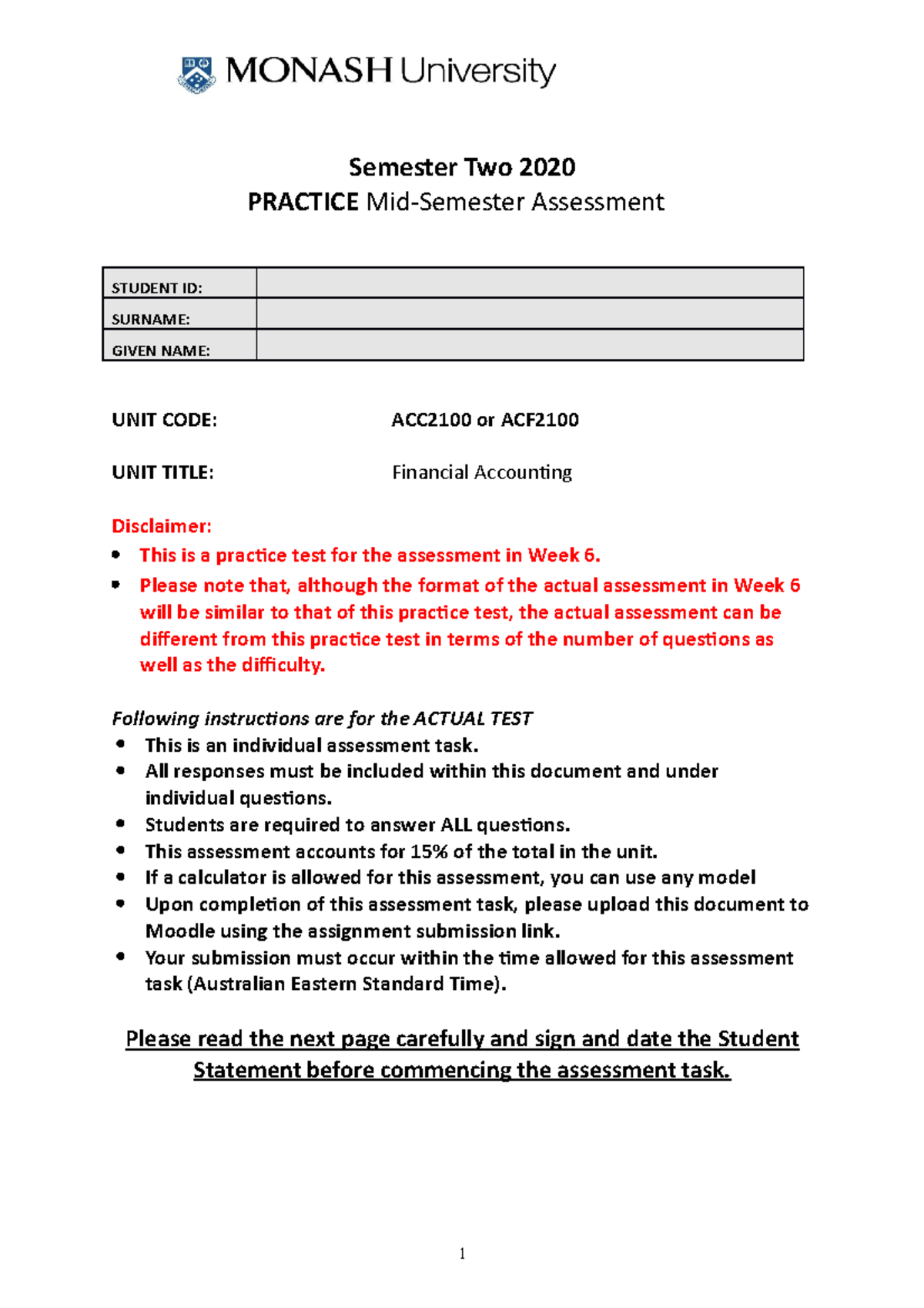 ACC ACF2100 Practice MST Sem 2 2020 - Semester Two 2020 PRACTICE Mid ...