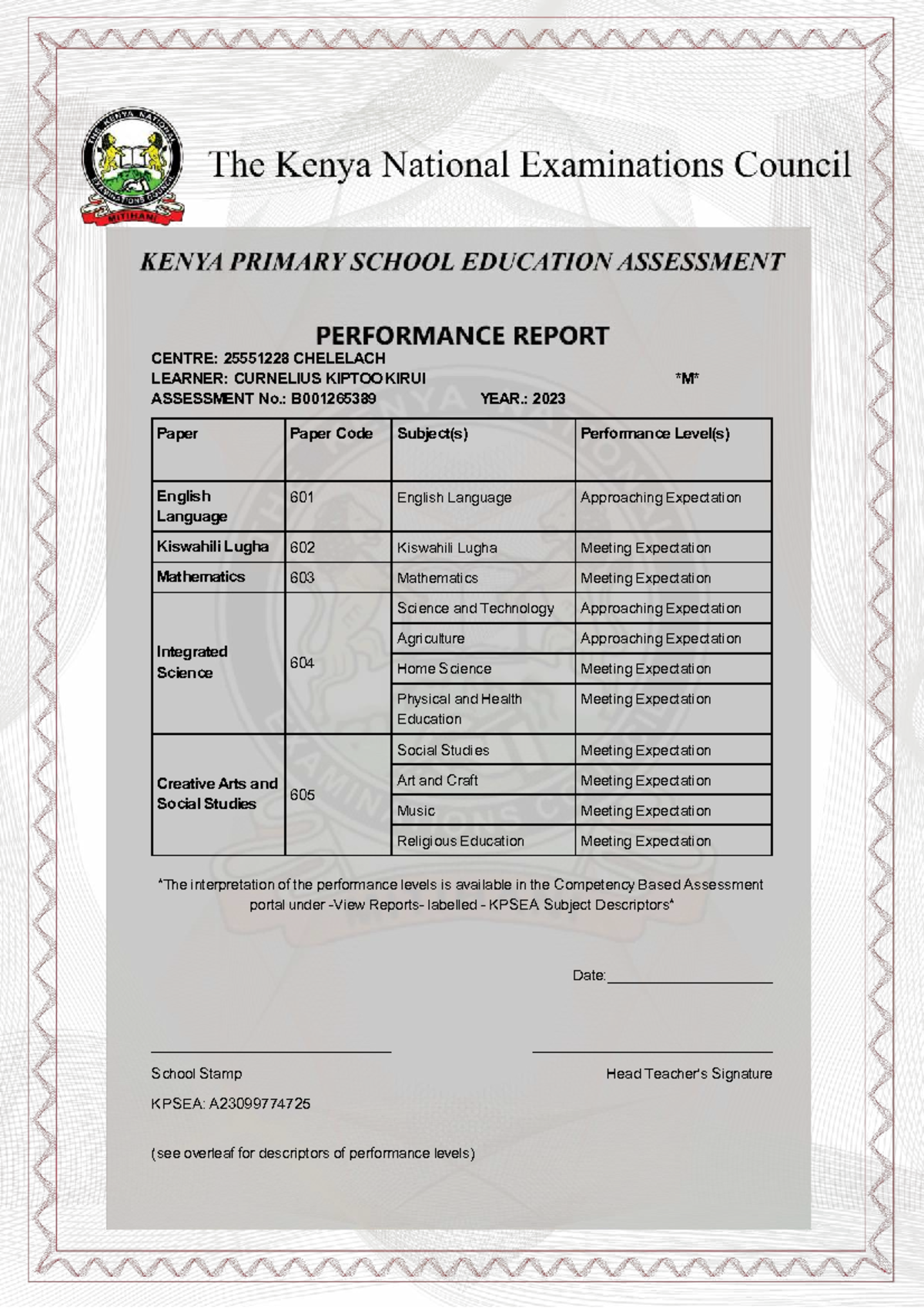 KPSEA 2023 Assessment Results for Curnelius Kiptoo Kirui (B001265389 ...