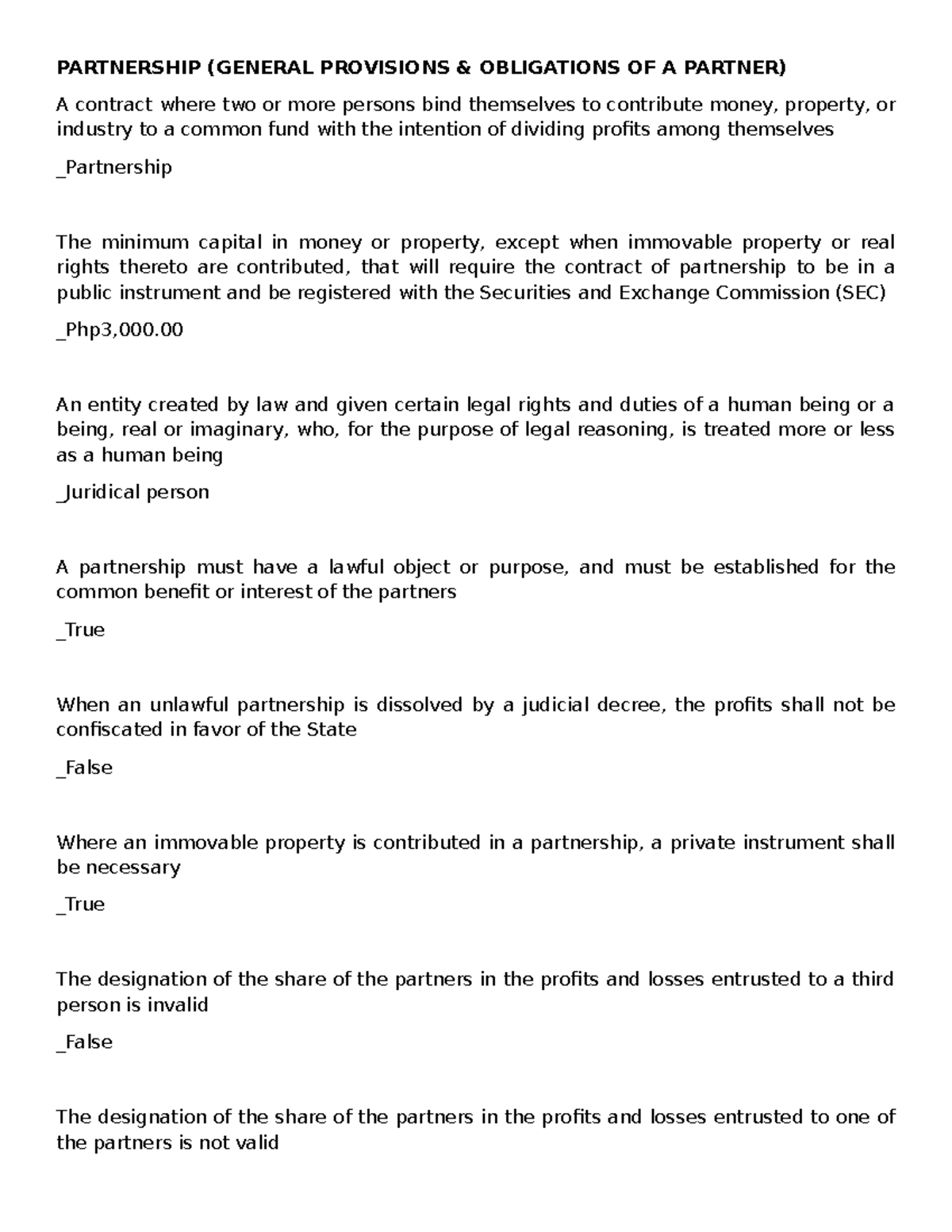 Partnership (Gen. Provisions & Obligations of a Partner) - Studocu