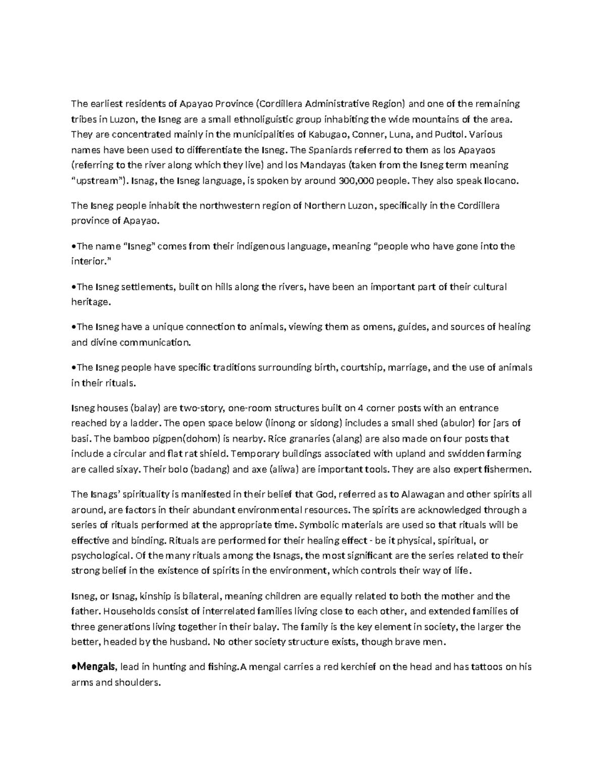 Cultural Overview of the Isneg People in Apayao (Ethnography) - Studocu