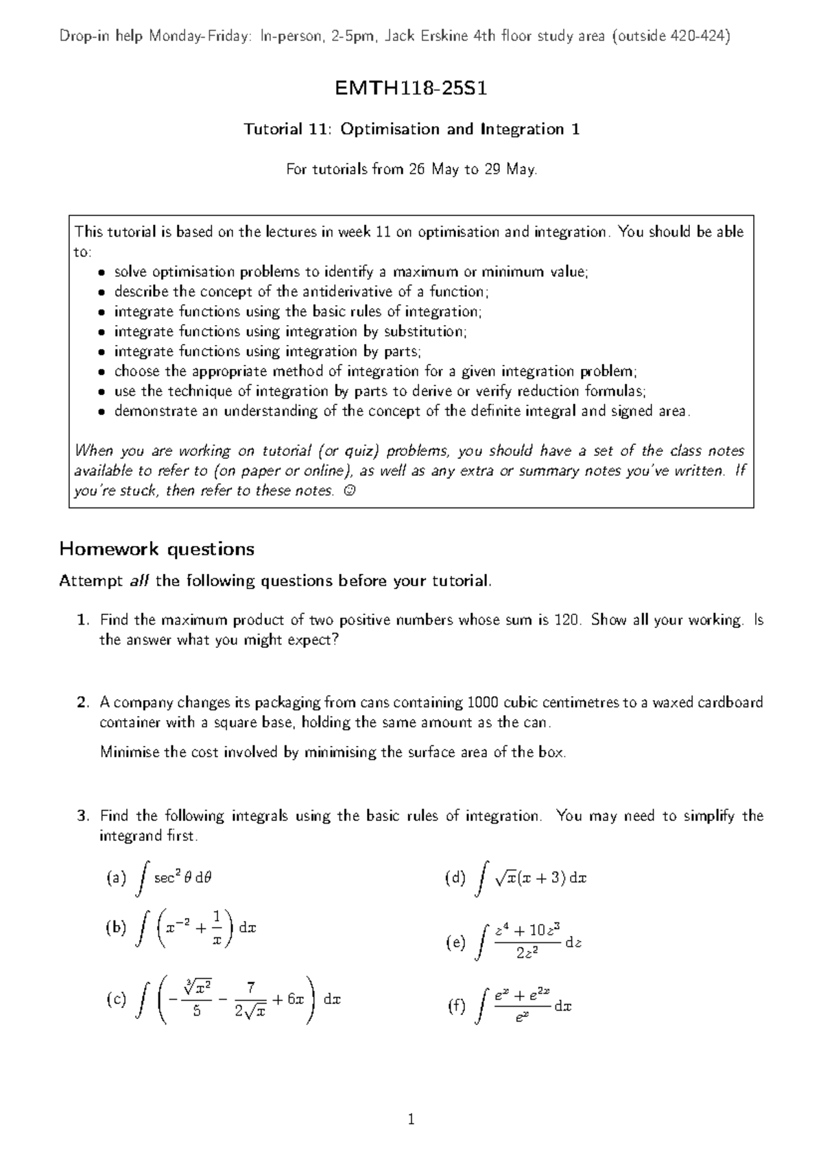 Optimisation And Integration 1 Tut 11 Study Notes Help Jack Erskine