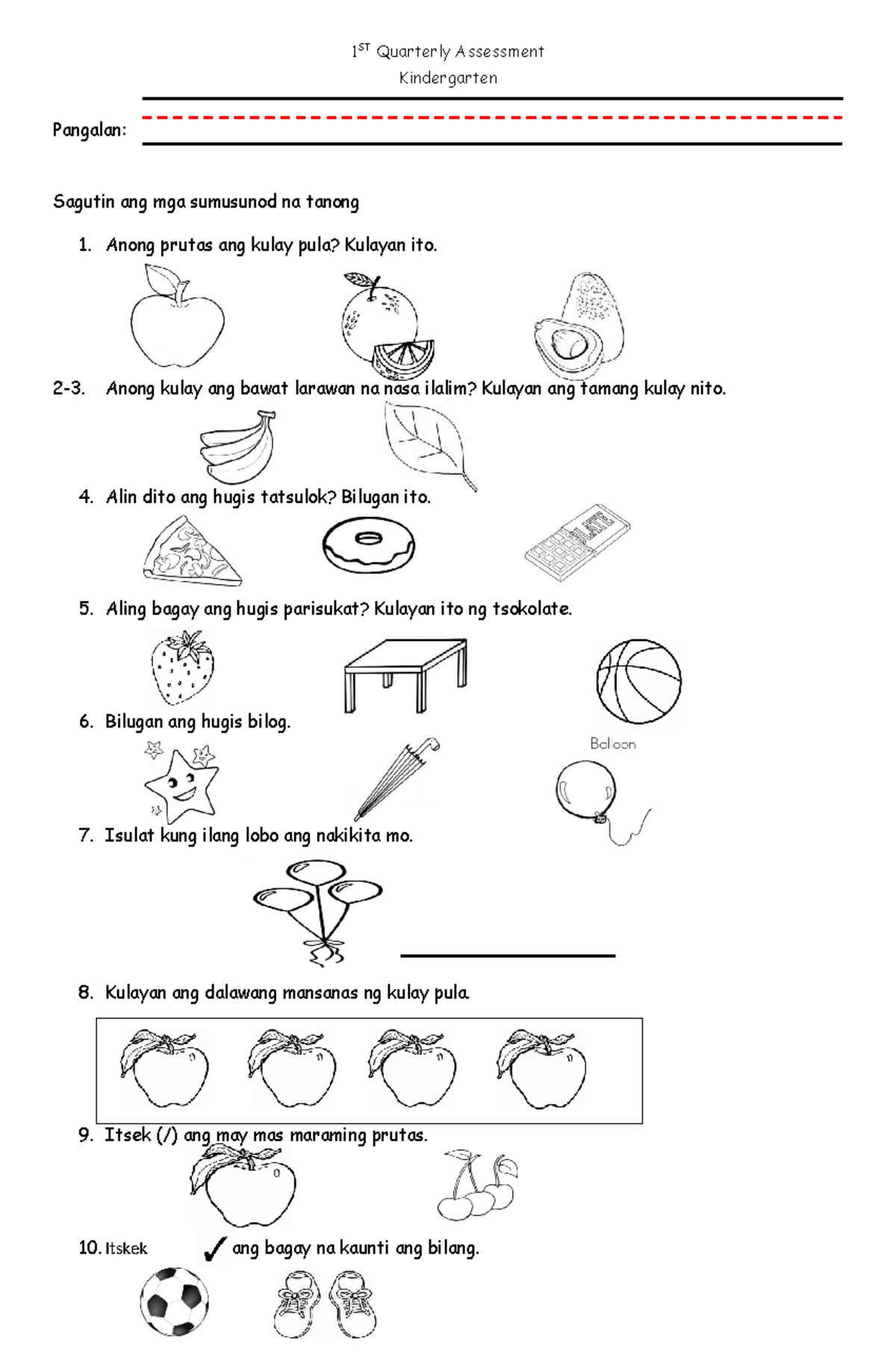 1ST Quarterly Assessment for Kindergarten - Ms. Yambao - Studocu