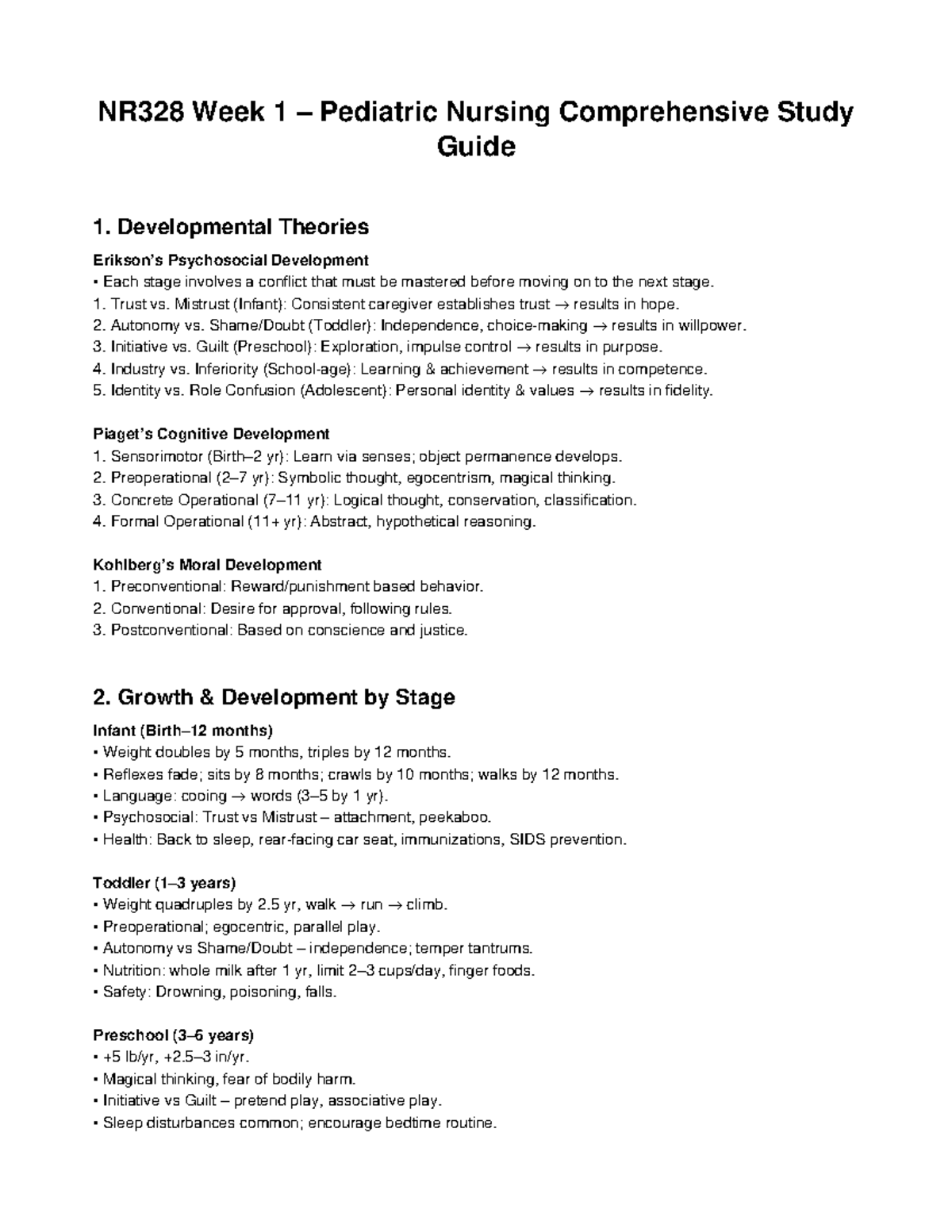 NR328 Week 1 Pediatric Nursing Exam Study Guide: Developmental Theories ...