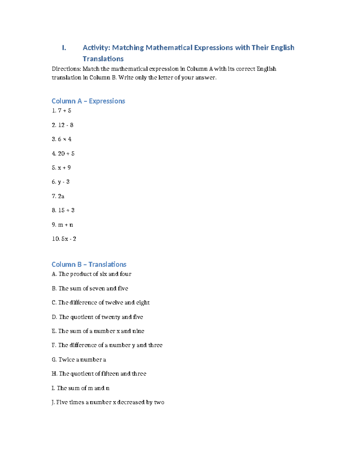 Math 101: Matching Math Expressions with English Translations Activity ...
