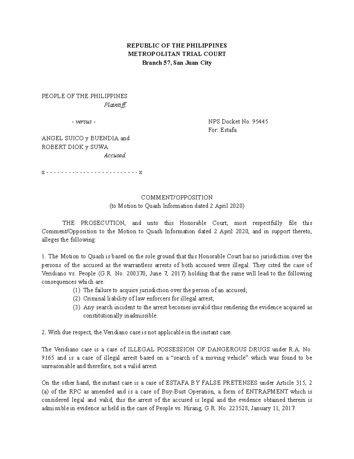 Comment/Opposition to Motion to Quash in Estafa Case NPS Docket 95445 ...