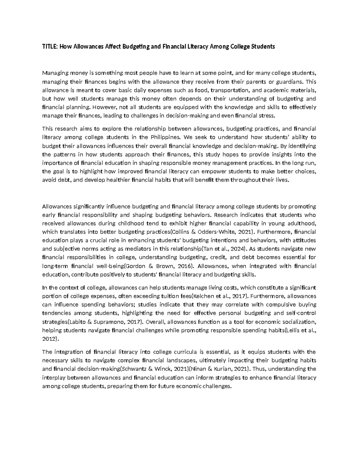 The Influence of Allowances on Budgeting & Financial Literacy in ...