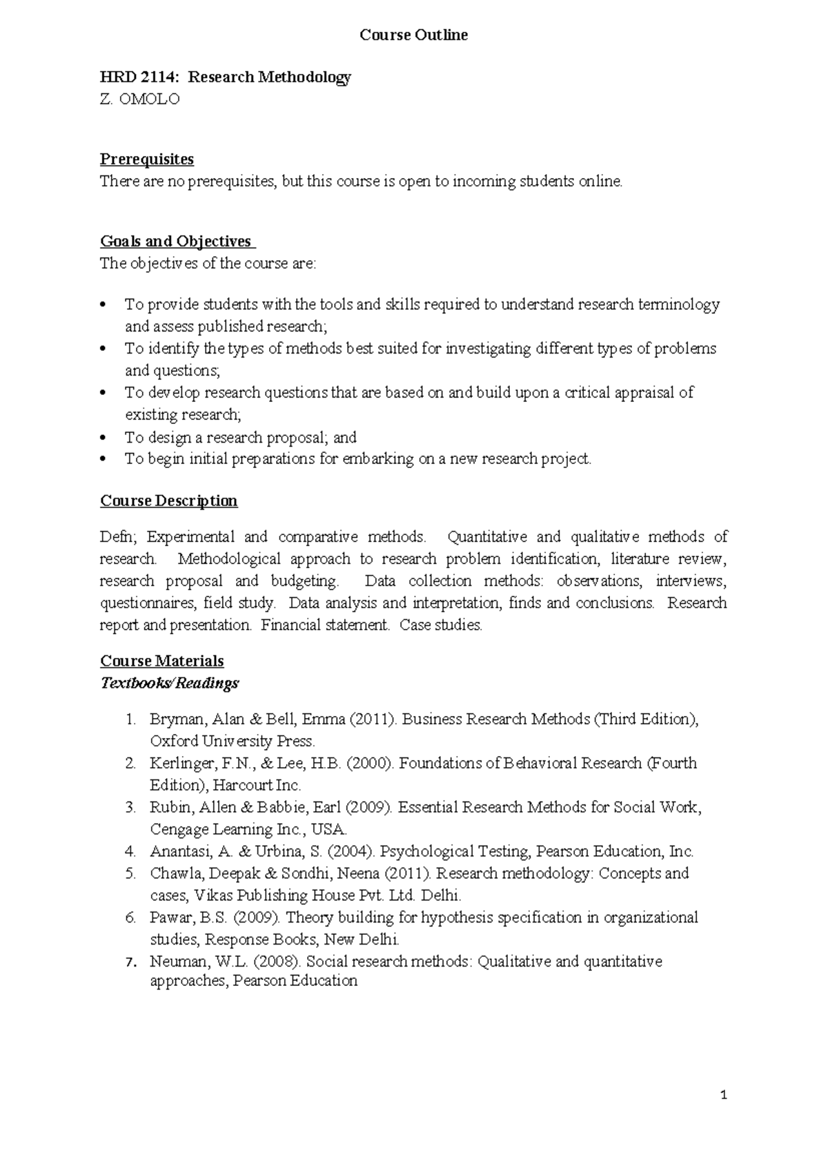 HRD 2114: Research Methodology Course Outline and Key Concepts - Studocu