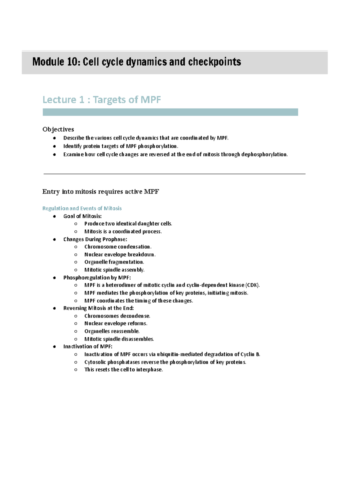 Biology 2B03: Cell Cycle Dynamics & MPF Checkpoints Lecture 1 - Studocu