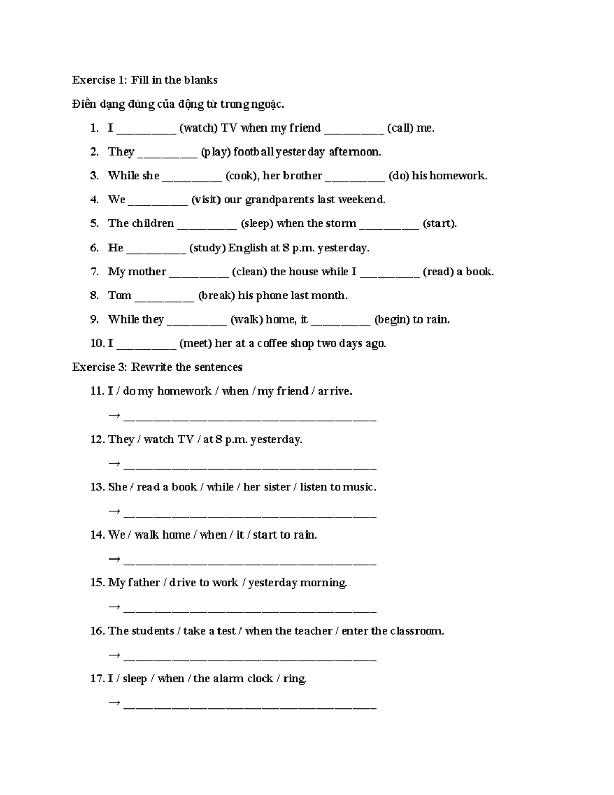 Exercise 1: Fill in the Blanks - Past Simple & Continuous - Studocu