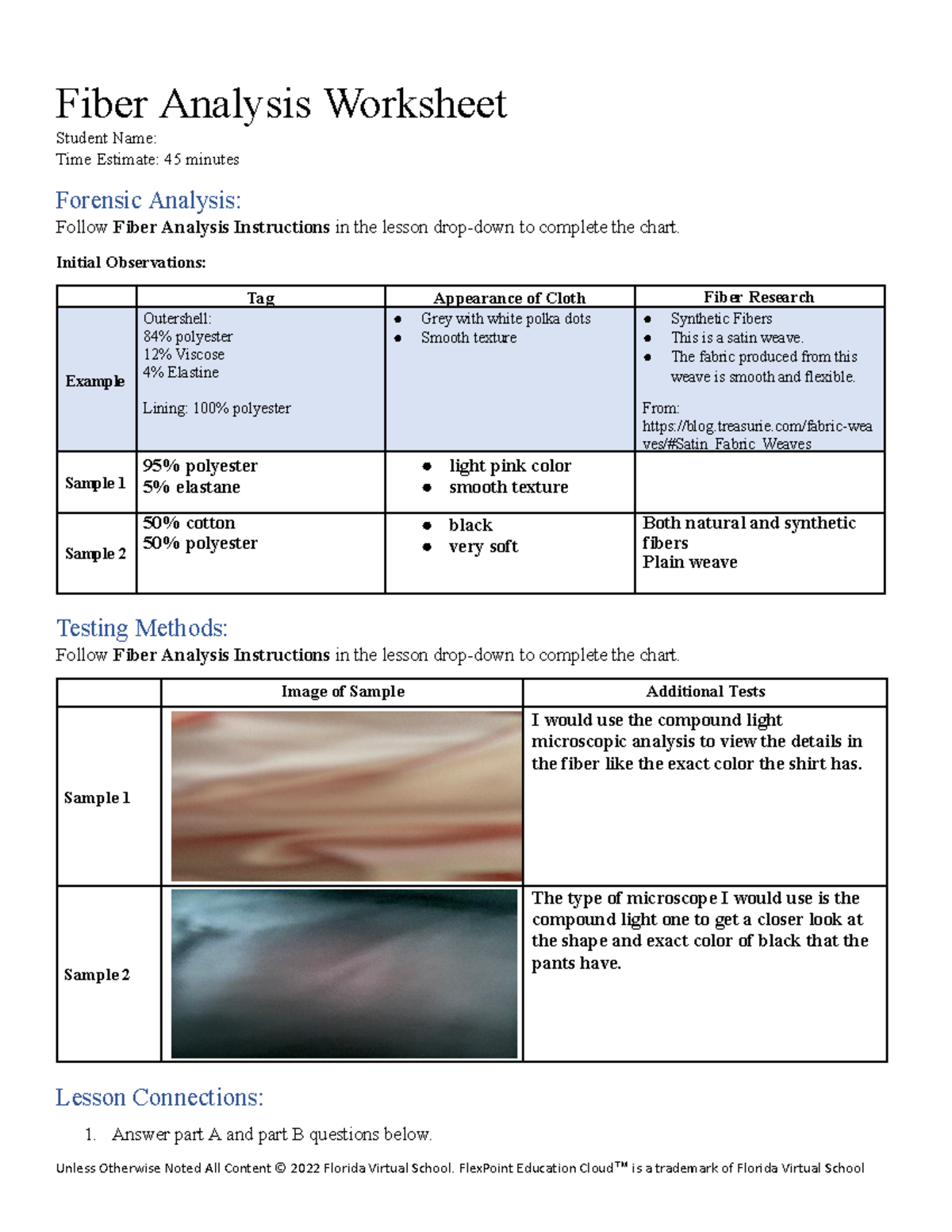 Fiber evidence worksheet - Fiber Analysis Worksheet Student Name: Time ...