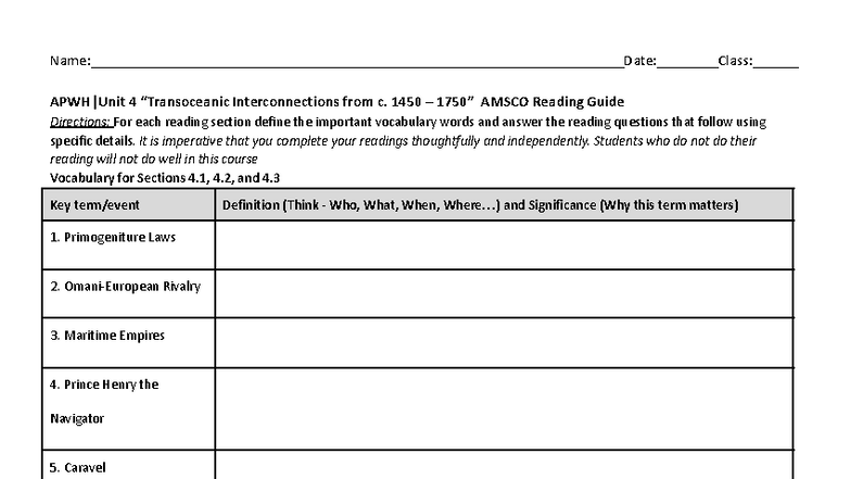 WHAP 2020 Unit 4 Reading Guide: Key Concepts and Vocabulary - Studocu