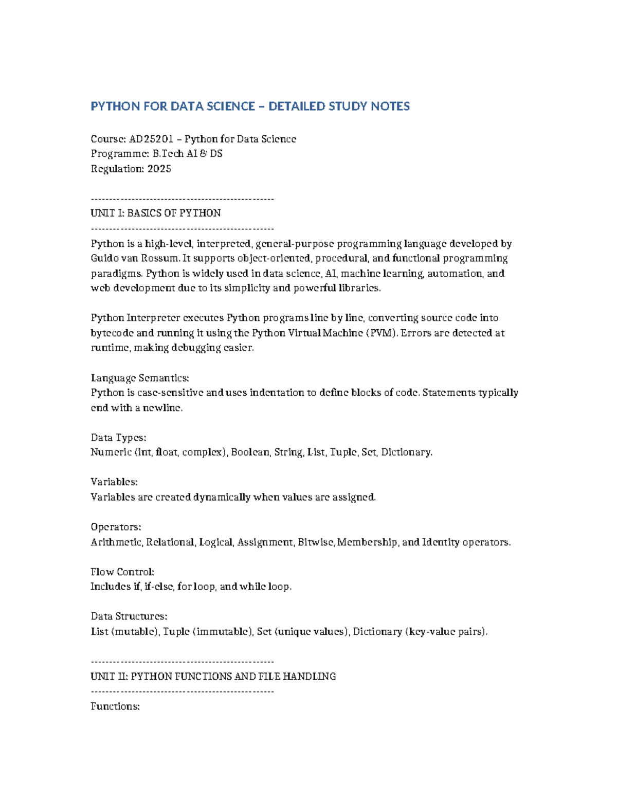 AD25201 Python for Data Science: Comprehensive Study Notes - Studocu