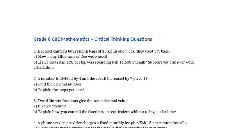 Grade 8 CBE Maths Critical Thinking Questions and Solutions - Studocu