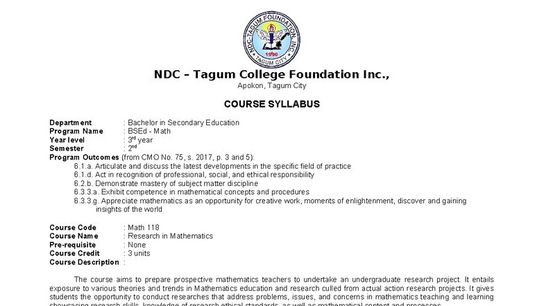 Math 118 Syllabus: Research in Mathematics for BSEd 3rd Year - Studocu