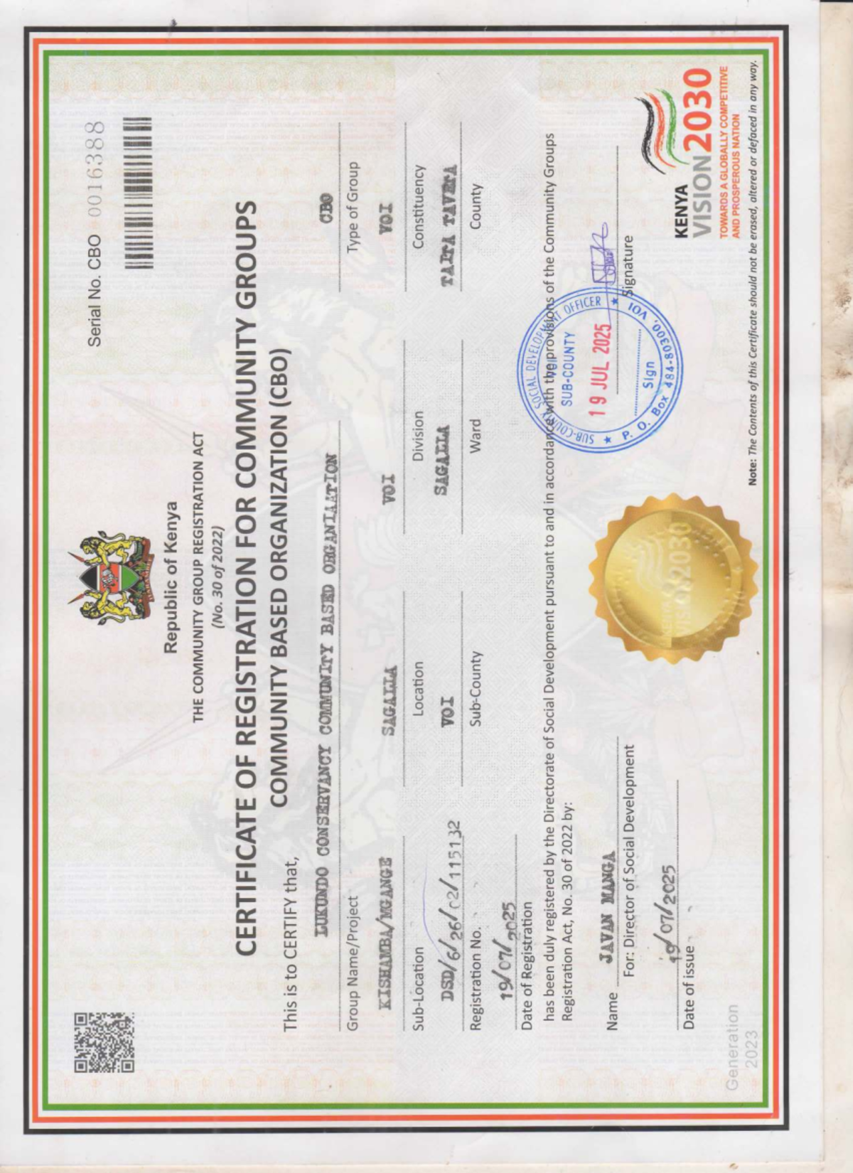 CBO Registration Certificate - Lukundo Conservancy (No. 30 of 2022 ...