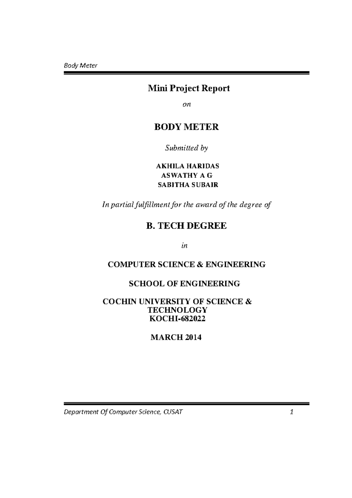 B. TECH Mini Project Report on Body Meter (CSE 2014) - Studocu