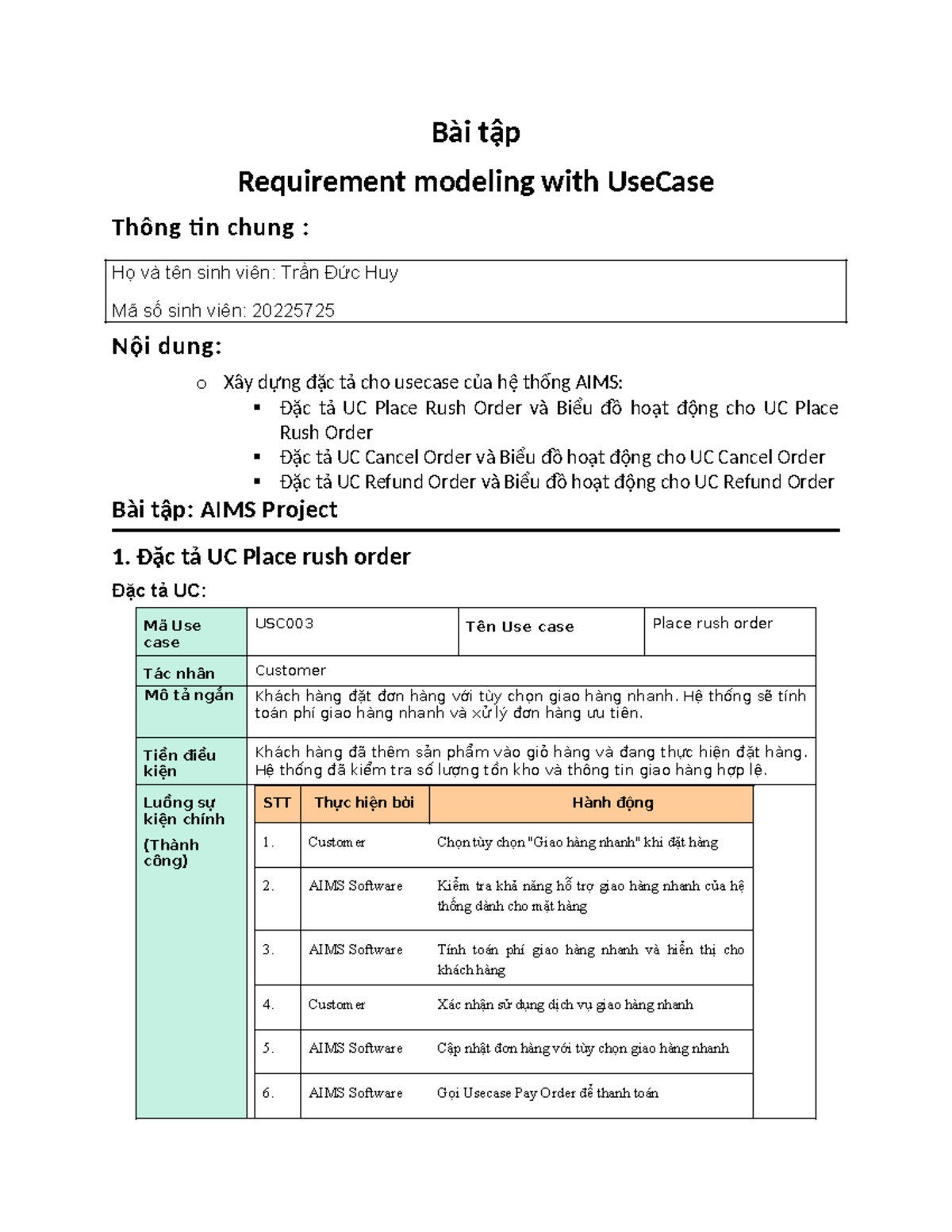 Bài tập Requirement Modeling: Use Case AIMS Project 1 - Studocu