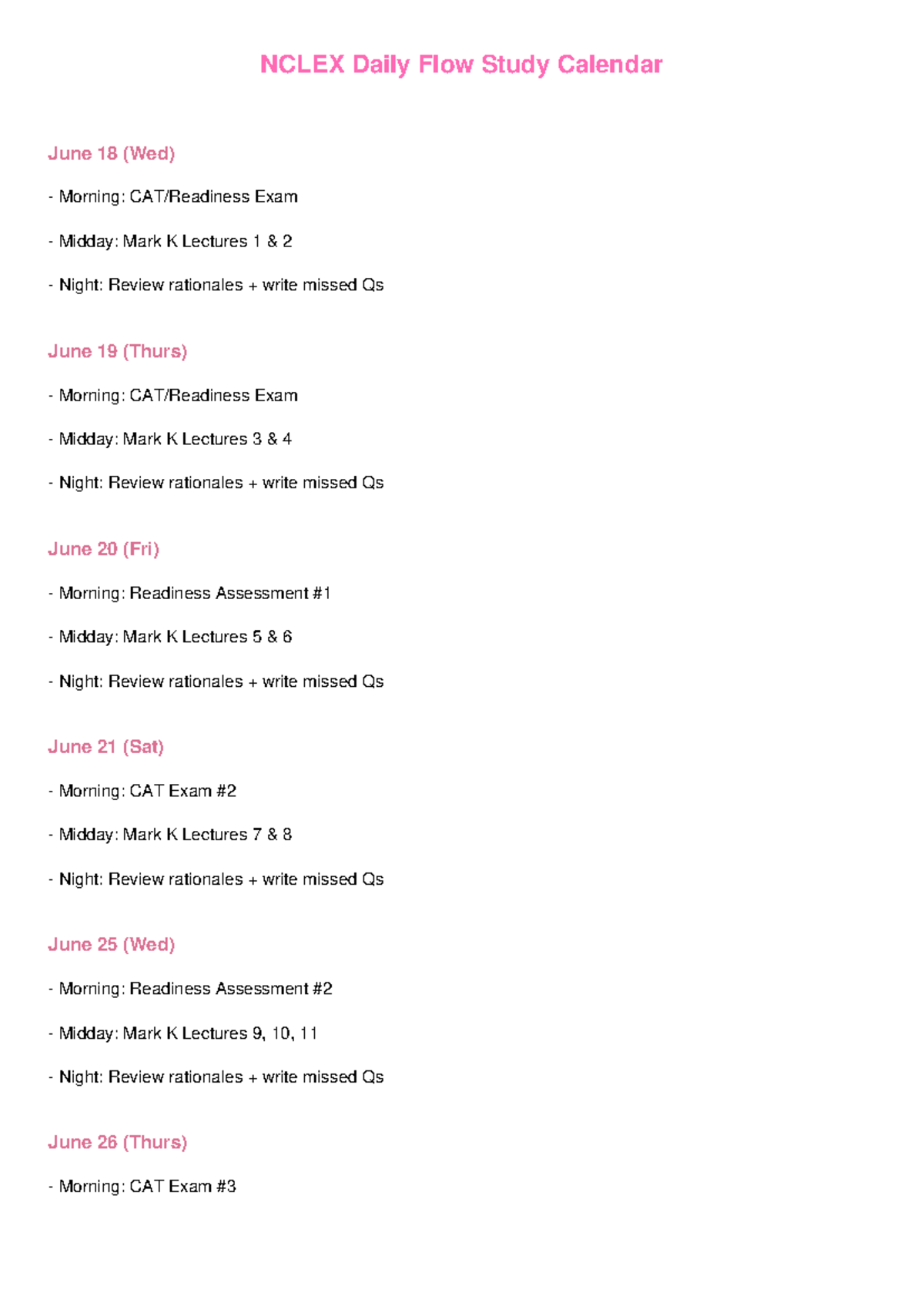NCLEX Study Plan: Daily Flow Calendar for June 2023 - Studocu