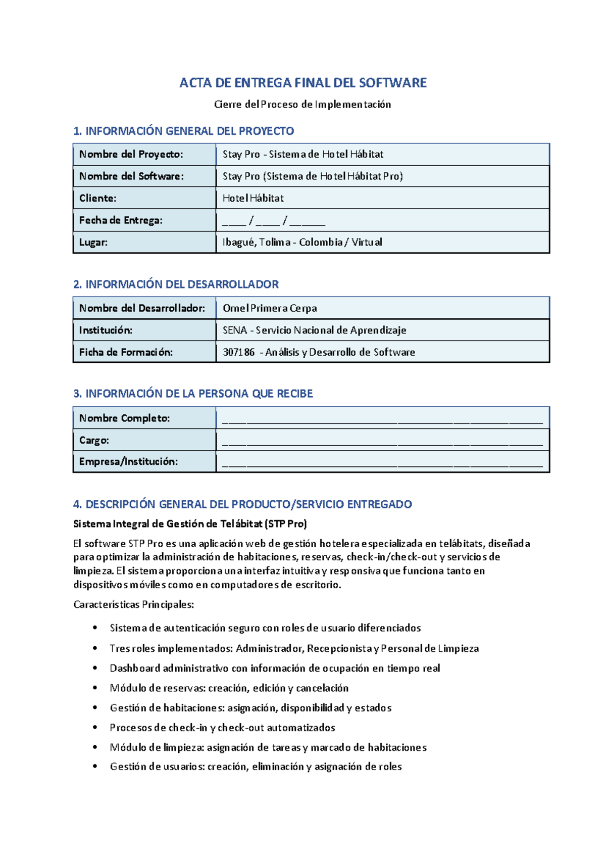 ACTA DE ENTREGA FINAL DEL SOFTWARE STP Pro - Proyecto Hotel Hábitat ...