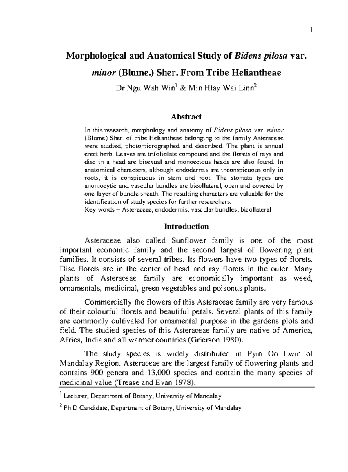 Morphological and Anatomical Study of Bidens pilosa var. minor (Blume ...
