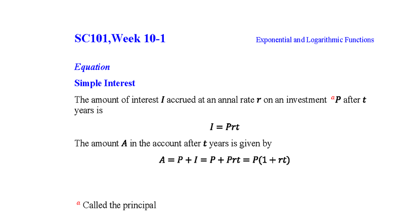 SC101 Week 10 Lecture Notes: Exponential, Logarithmic & Interest ...