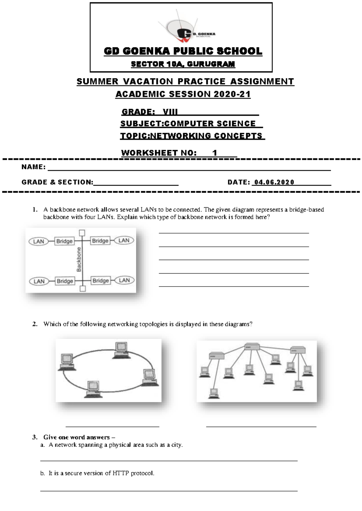 GD Goenka Public School Grade VIII Computer Science Networking Concepts ...