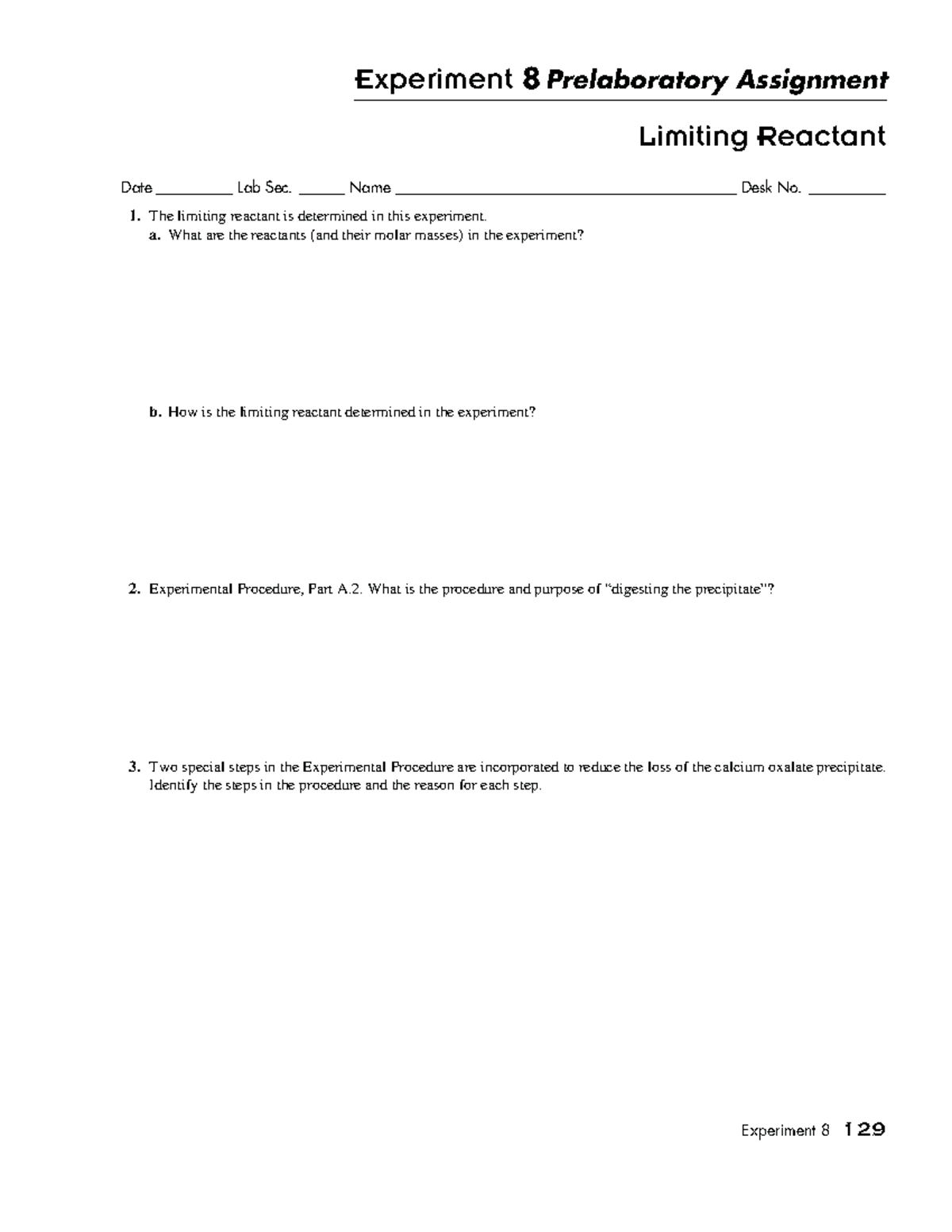 Pre Lab 8 - Experiment 8 Report Sheet: Limiting Reactant - Experiment 8 ... Pre Lab 8 - Experiment 8 Report Sheet: Limiting Reactant - Experiment 8 ...