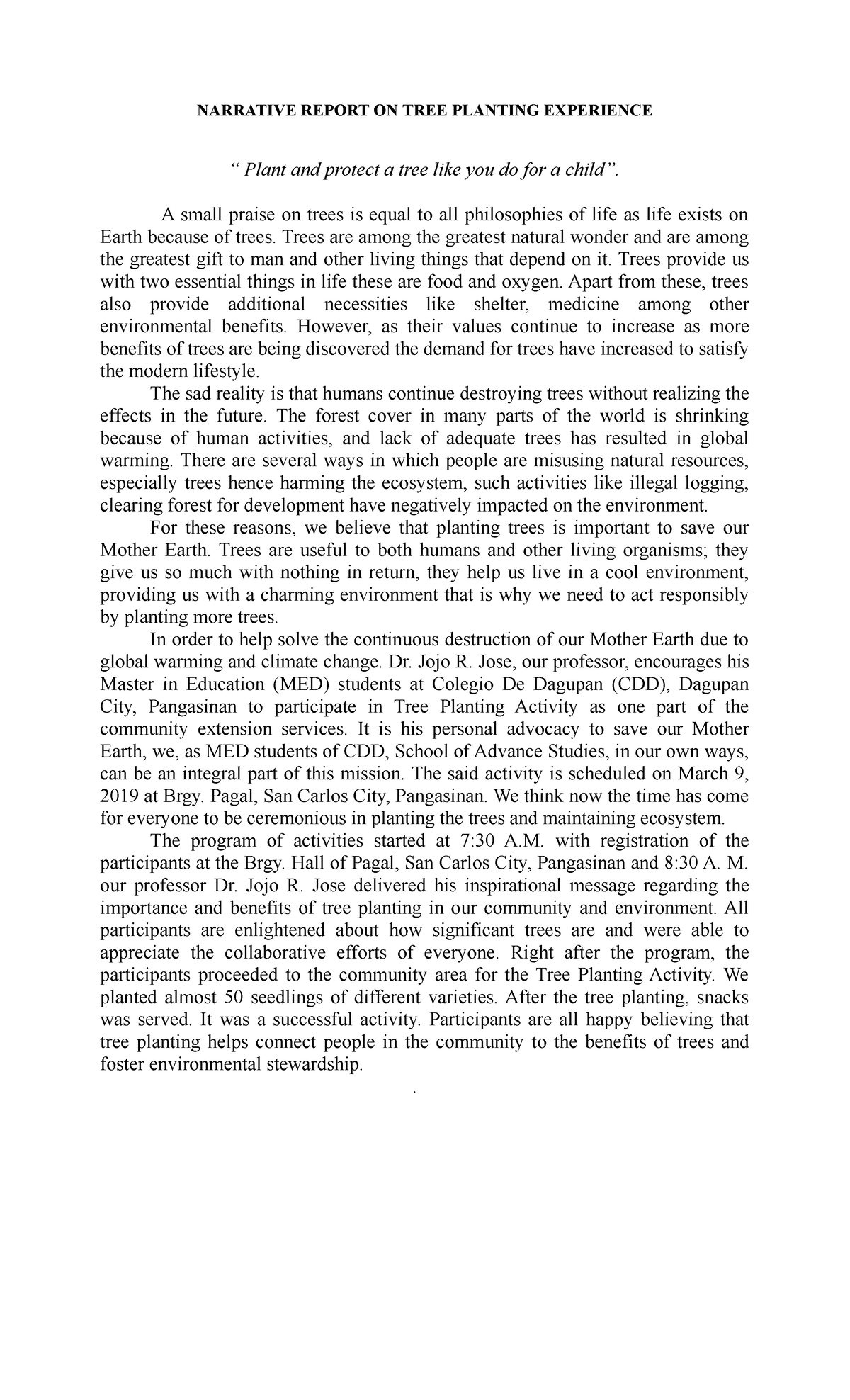 Narrative ON TREE Planting Experience - NARRATIVE REPORT ON TREE ...