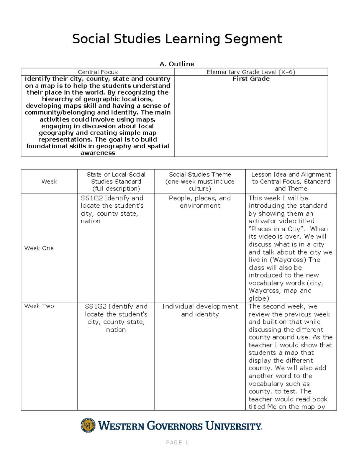Social Studies Learning Segment Outline for K–6 (SS1G2) - Studocu