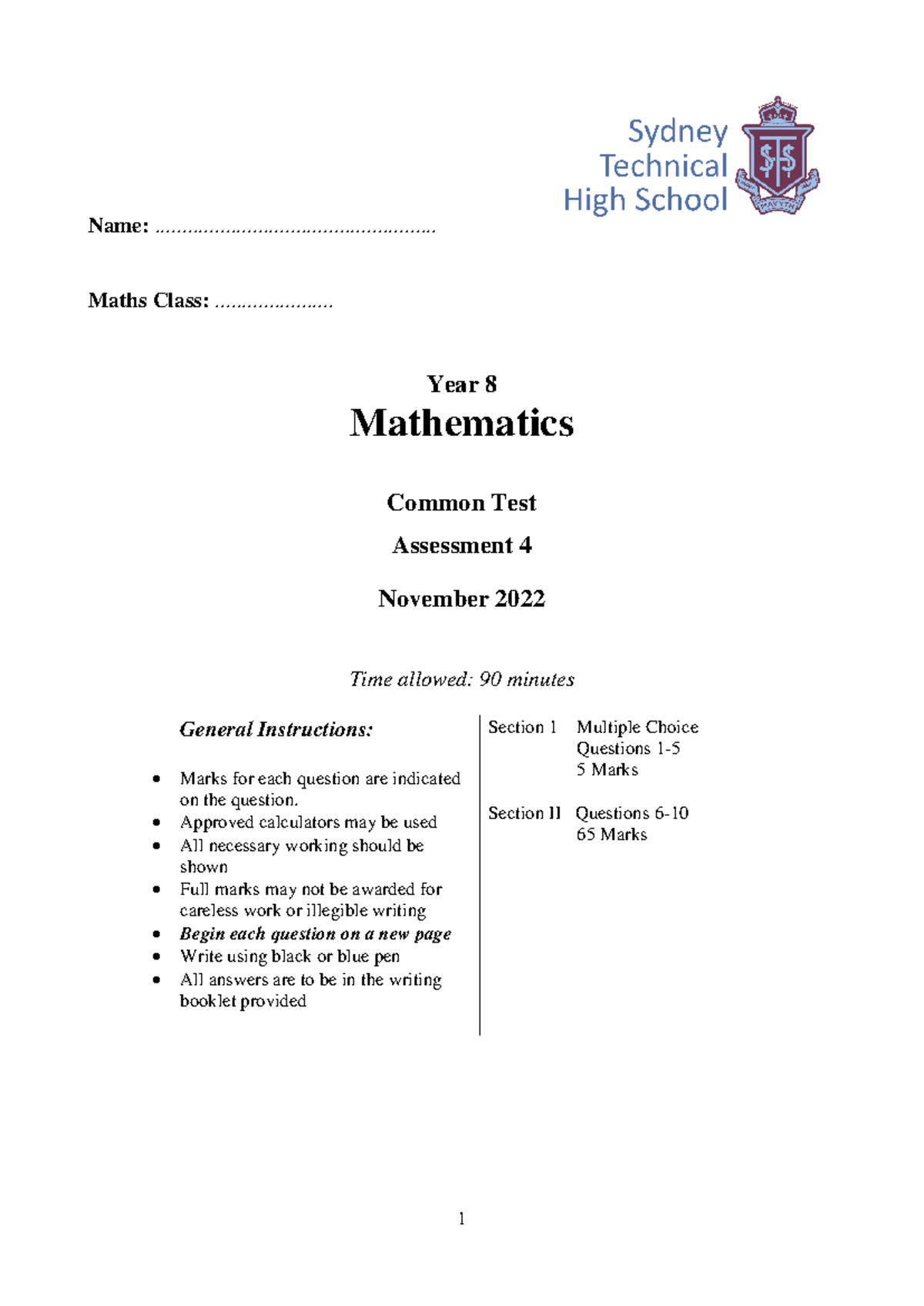 Year 8 Maths Term 4 Common Test Assessment 4 - November 2022 - Studocu