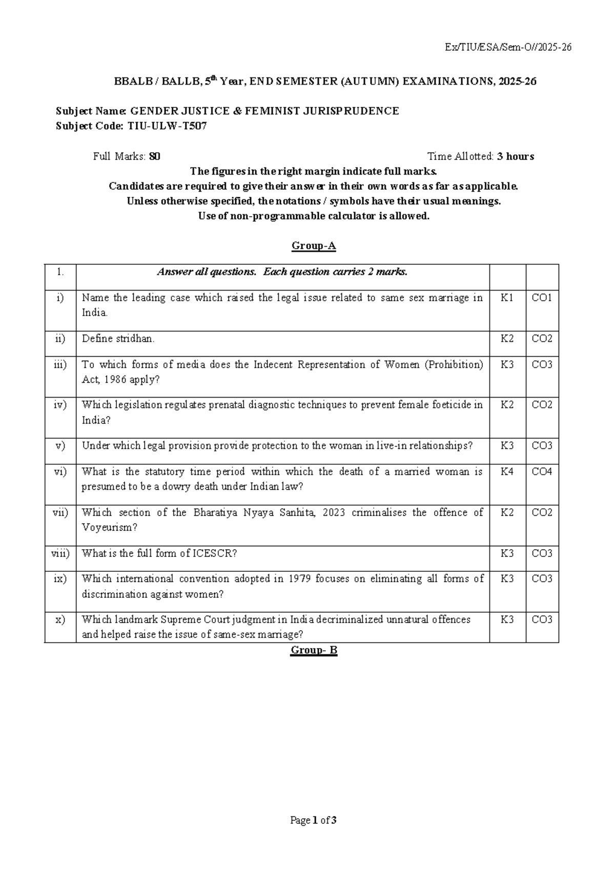 BBALB 5th Year, End Semester Exam: Gender Justice & Feminist ...