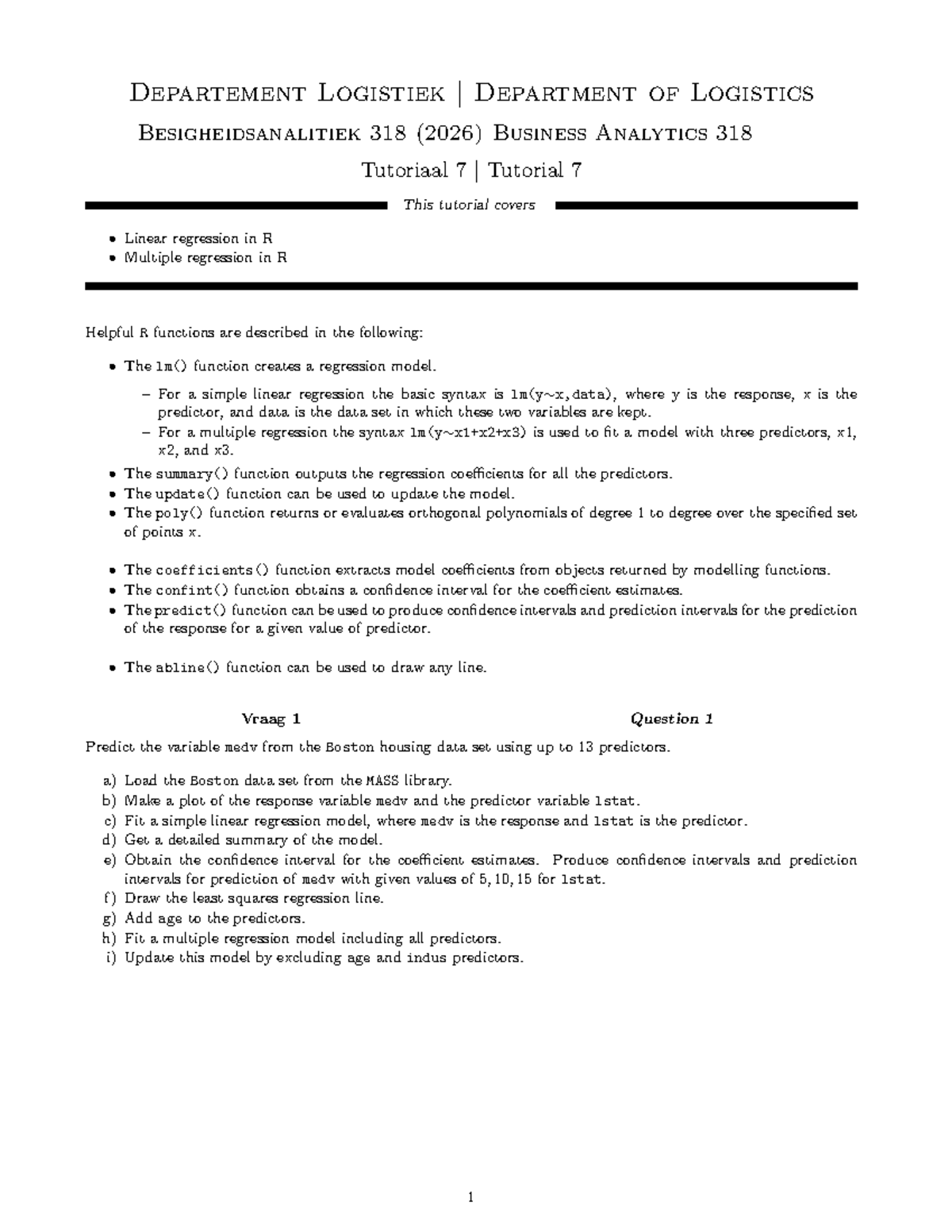 BA318 2026 Tutorial 7 Memo: Linear & Multiple Regression in R - Studocu