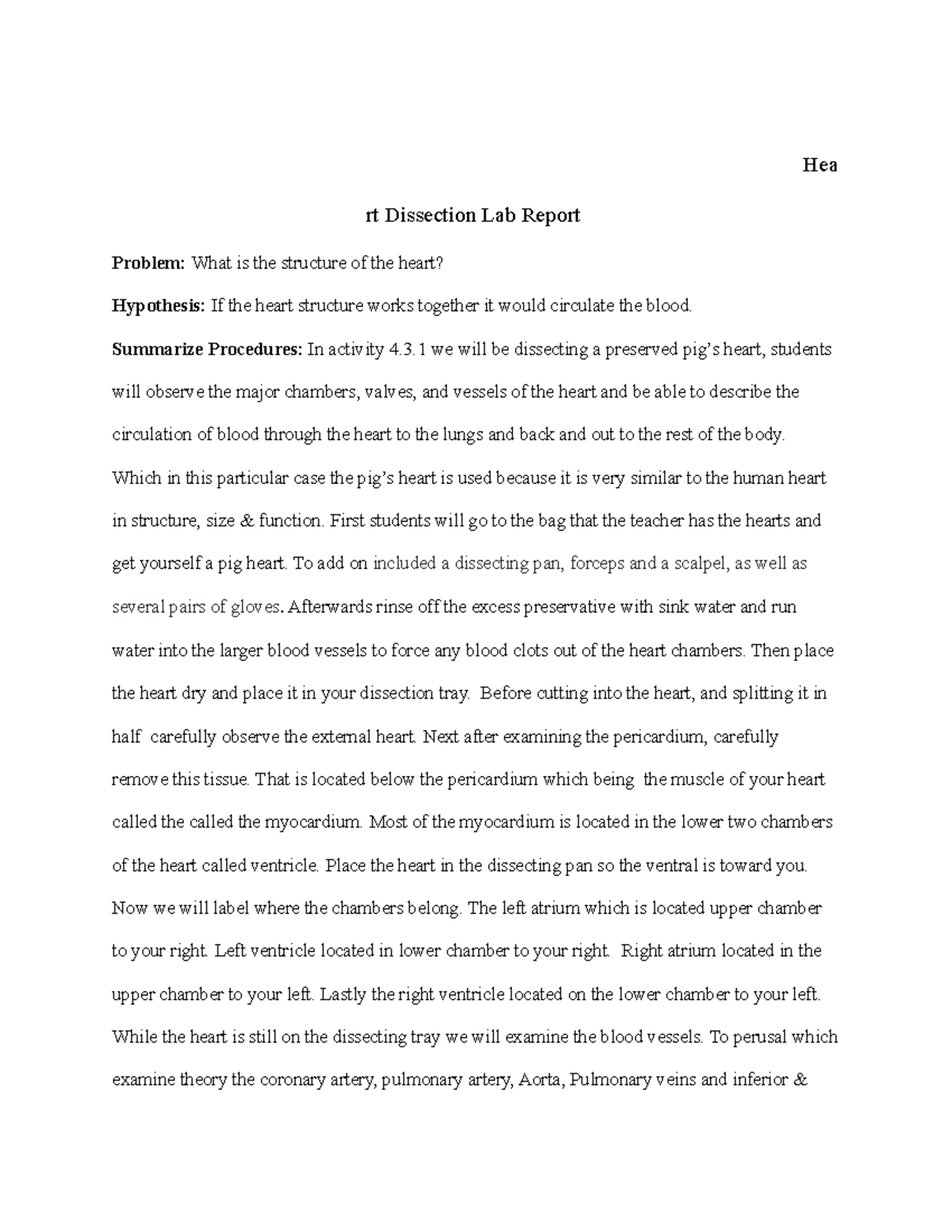 Copy of Heart Dissection Lab Report - Hea rt Dissection Lab Report ...