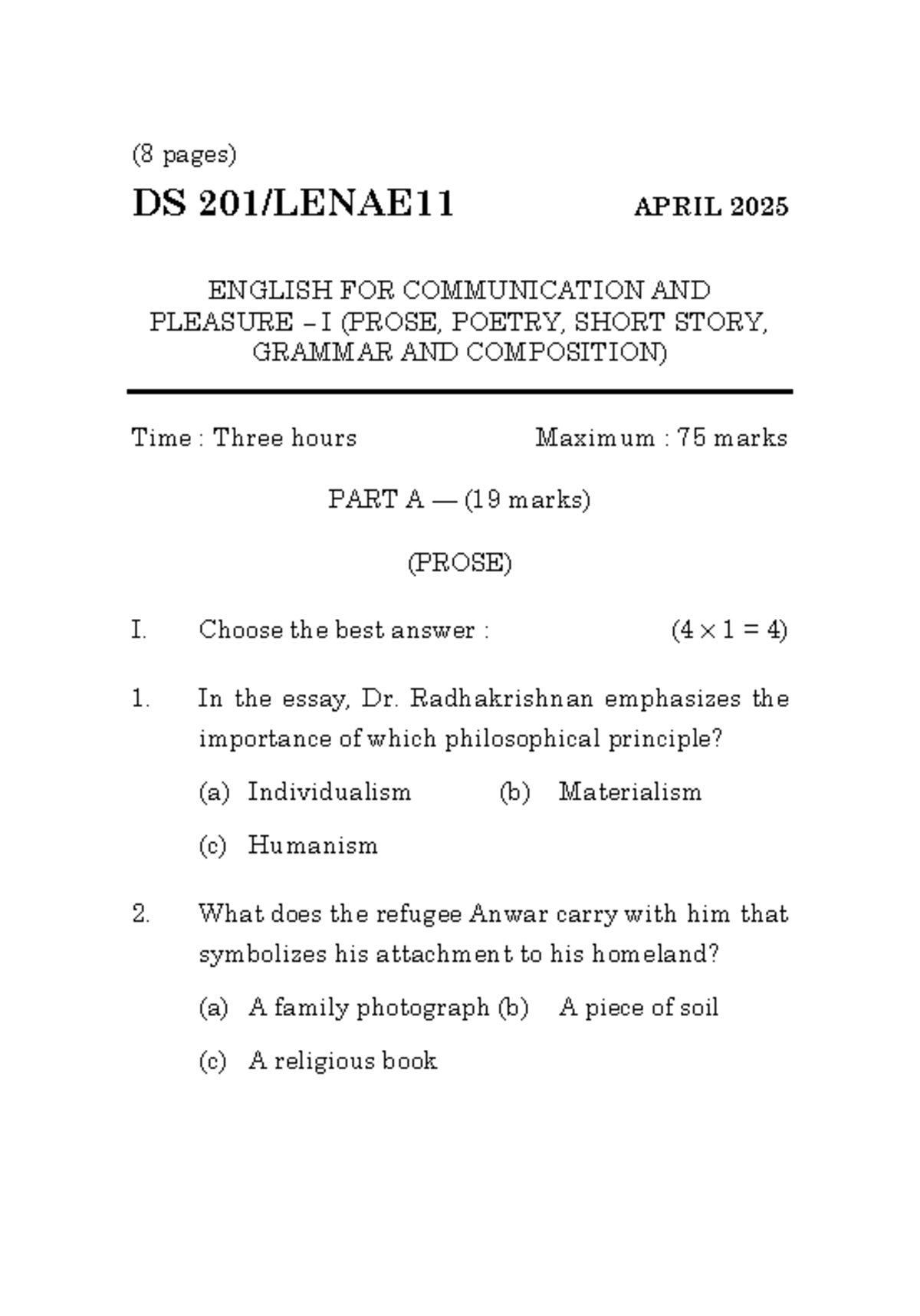 DS APRIL 2025 ENGLISH FOR COMMUNICATION SKILLS (PROSE, POETRY, SHORT ...