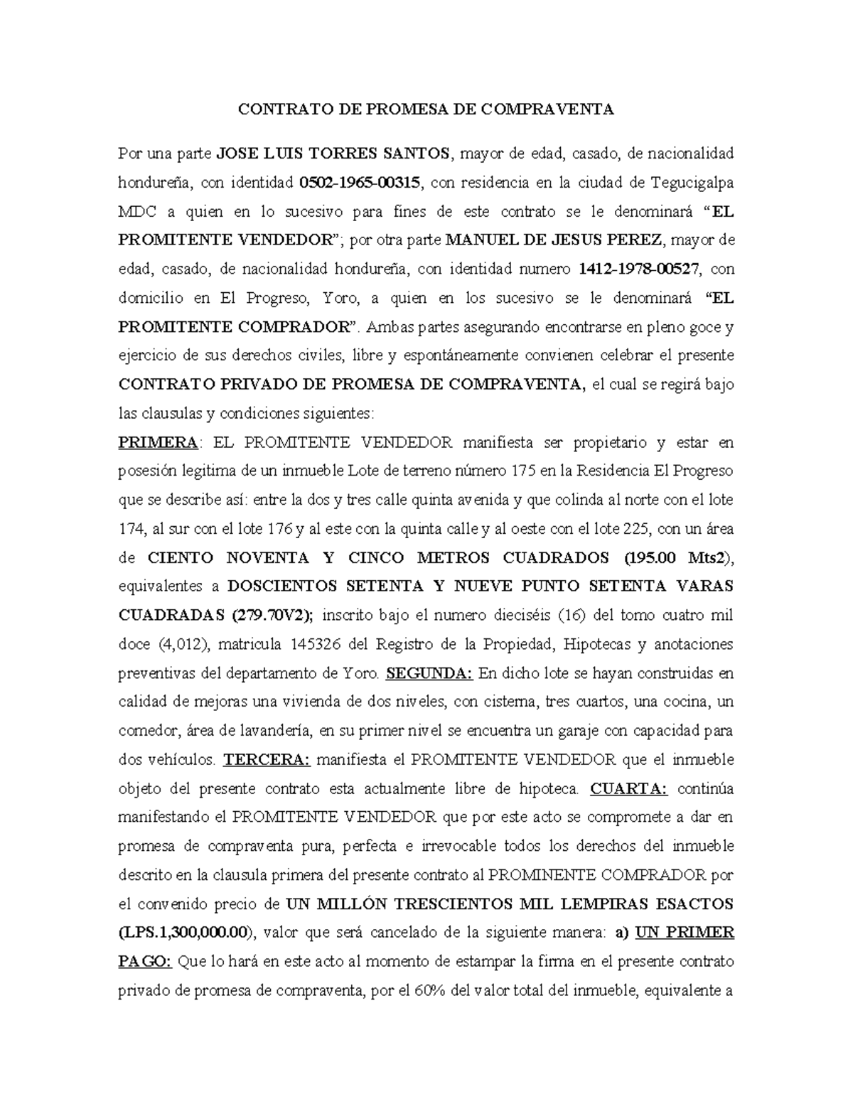 Contrato Promesa de Compraventa entre Torres Santos y Pérez - Studocu